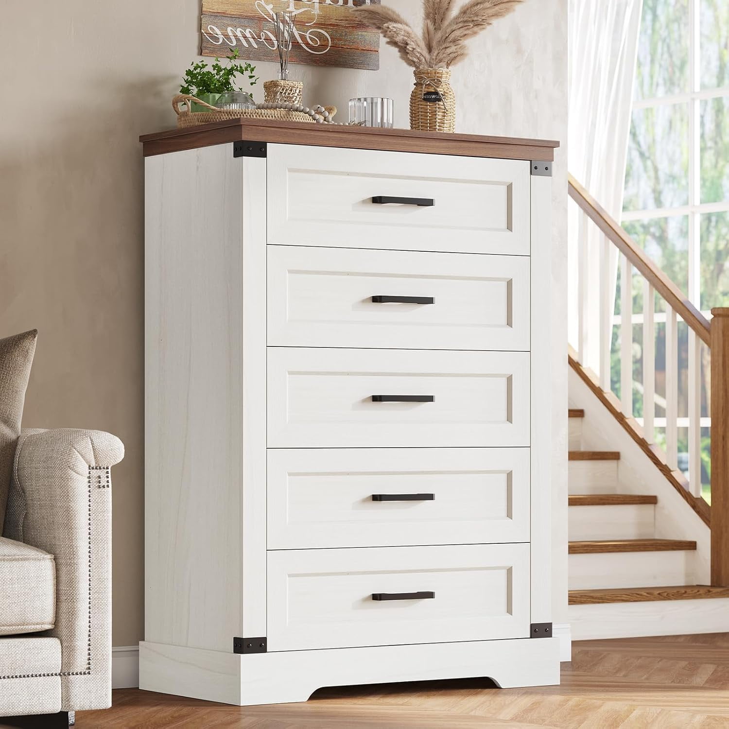 Hasuit Farmhouse White Dresser for Bedroom with 5 Drawers, Wooden Tall ...