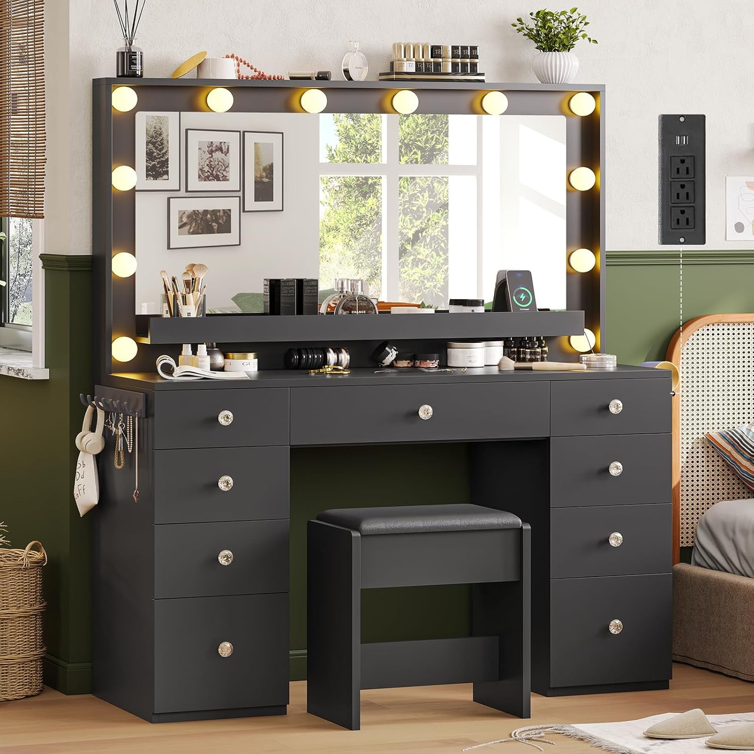 Hasuit Makeup Vanity Desk with Large Lighted Mirror and 9 Drawers ...