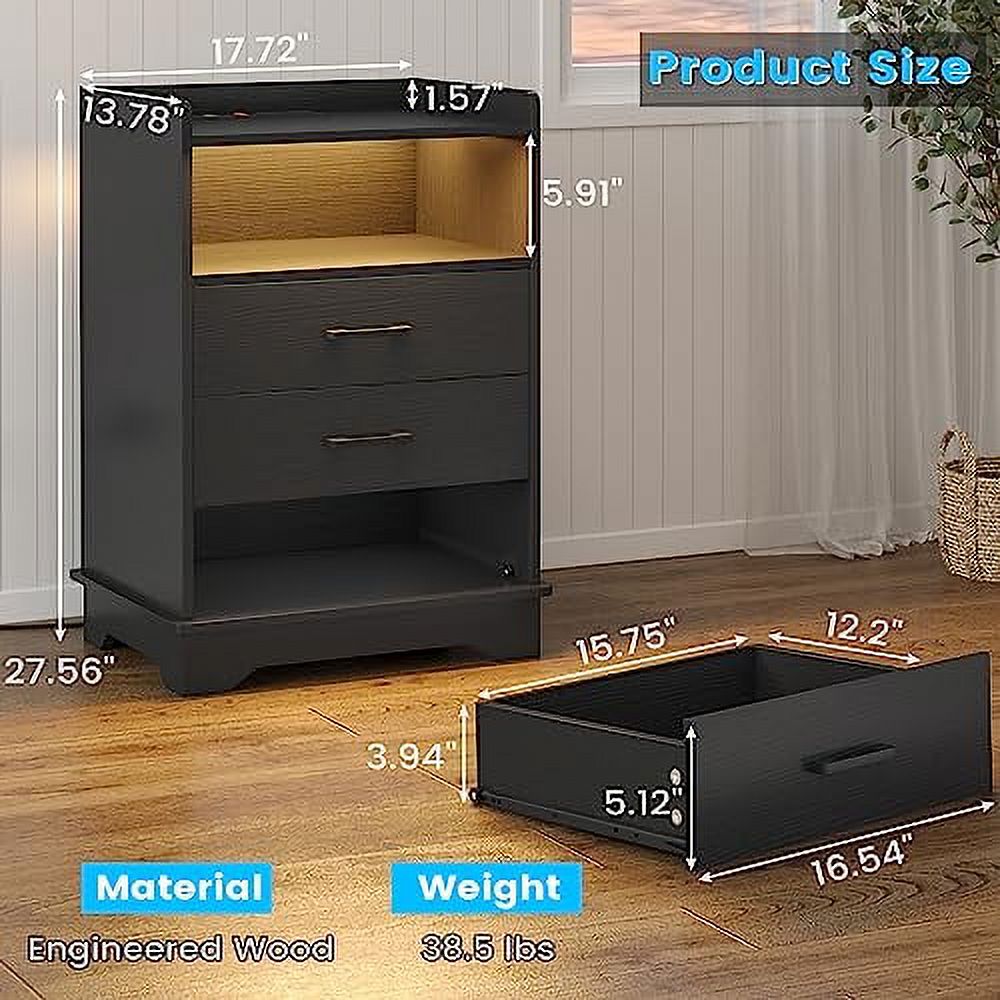 Hasuit Nightstand Set of 2 with Charging Station, LED Lights, 3 Drawers, and Open Storage ...