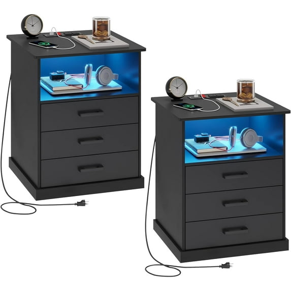 Hasuit Nightstands Set of 2 with Charging Station and LED Lights, Large ...