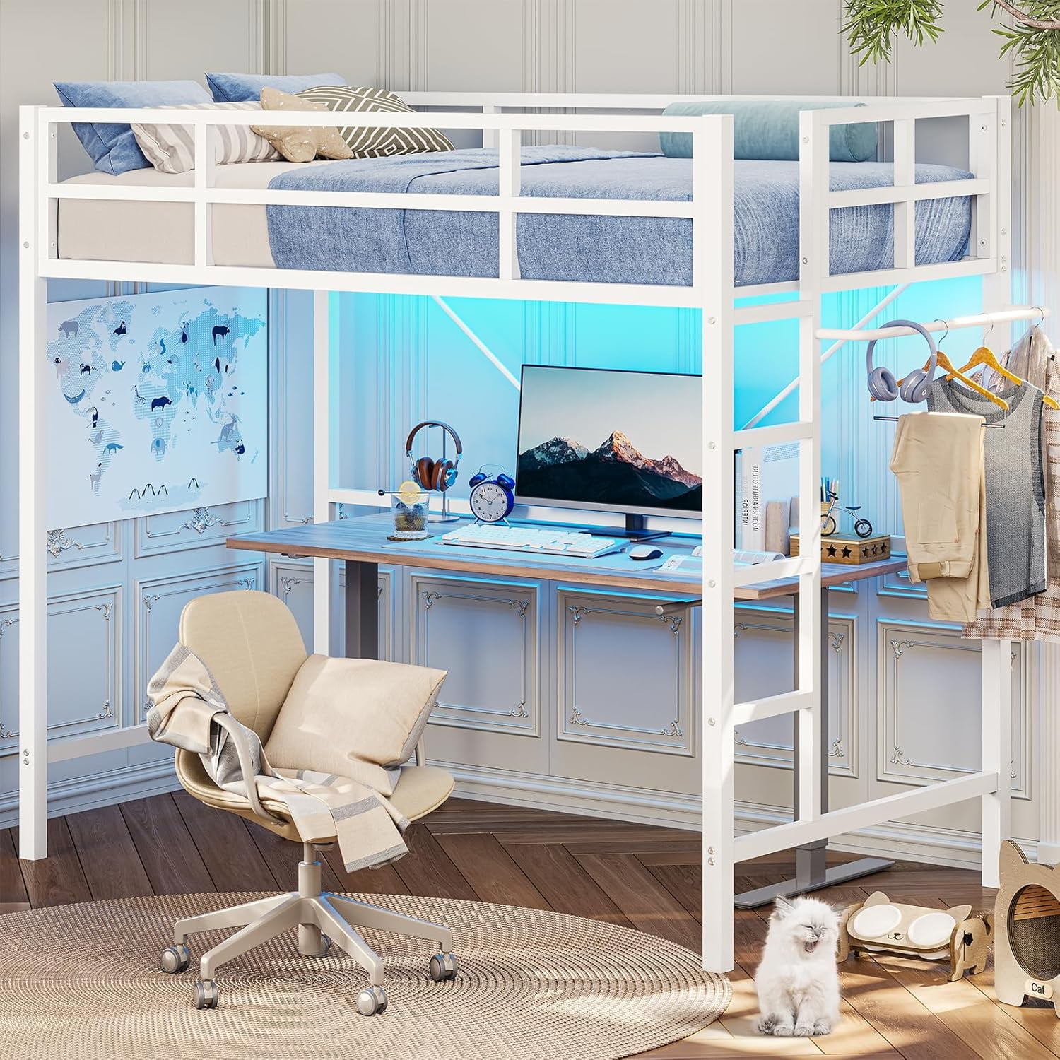 Hasuit Twin Loft Bed with LED Lights, Loft Bed LED Twin Size with Full ...