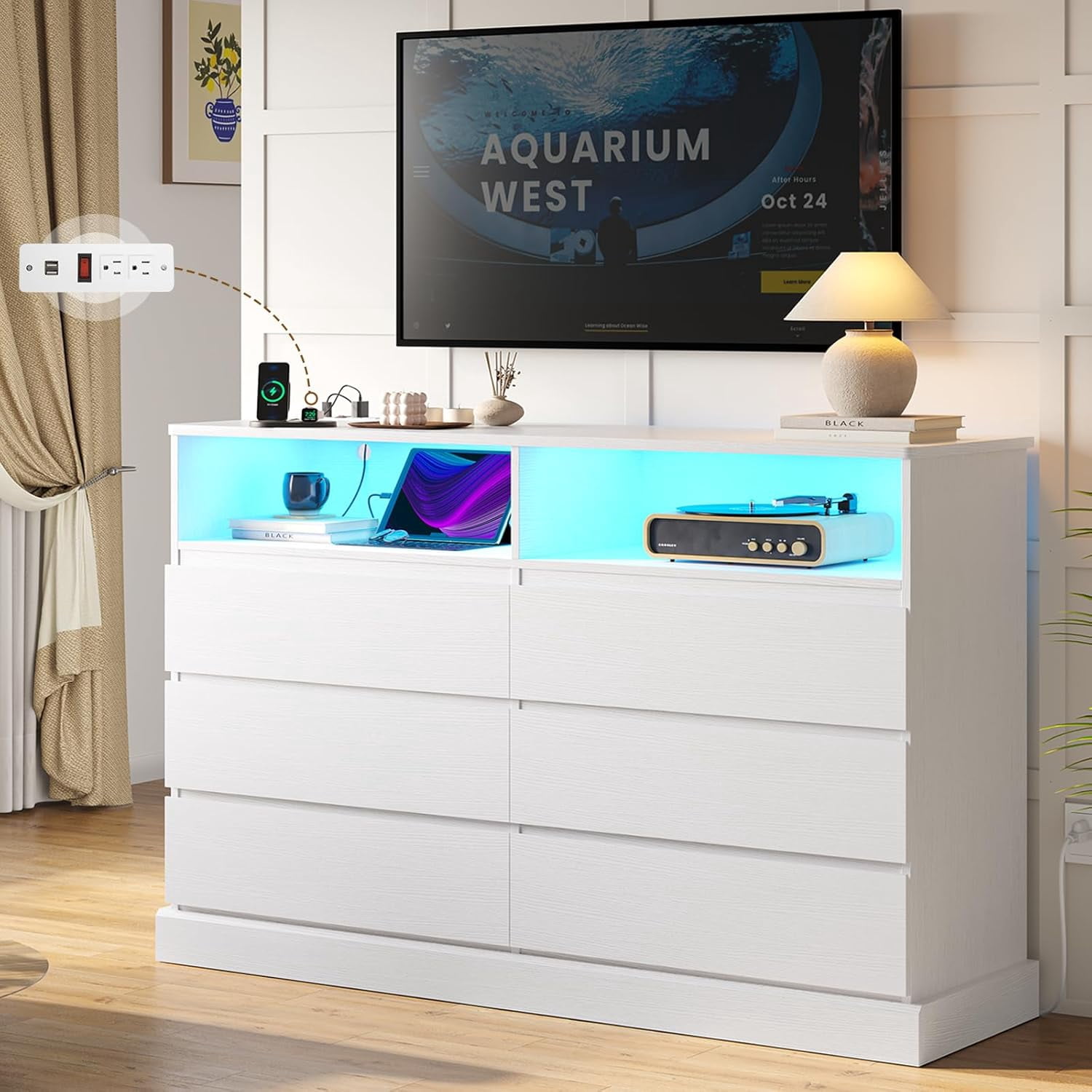 Hasuit White Dresser for Bedroom with LED Lights and Charging Station ...