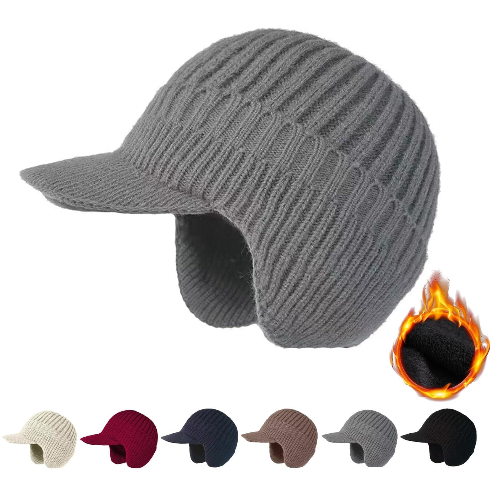 Hat with Brim Ear Flaps Fleece Lined Ski Cap Winter Beanie Cozy Ear ...