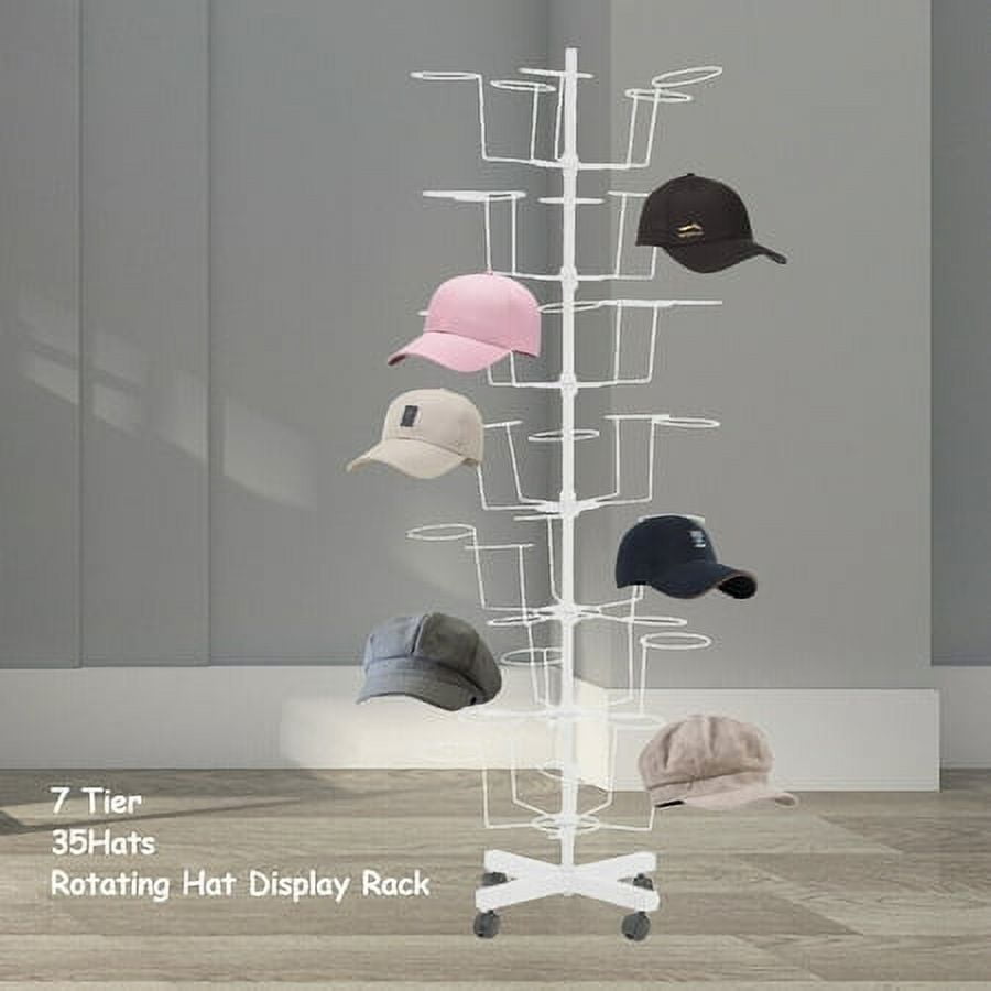 Hat Display Cap Retail 7-Tier Stand Rotating Spinner Display Rack White ...