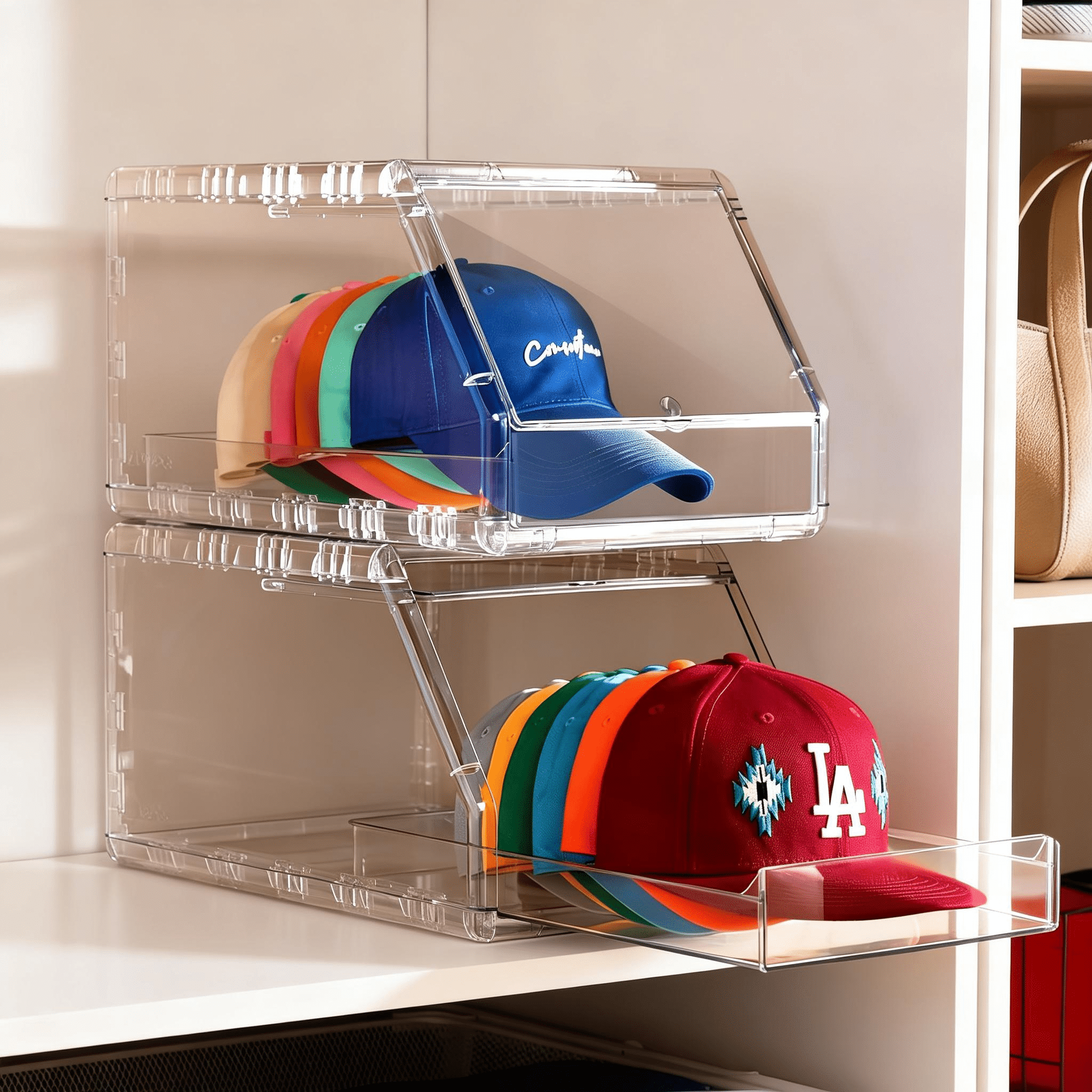Hat Organizer Box – Stackable Clear Display Box with Sliding Drawer ...