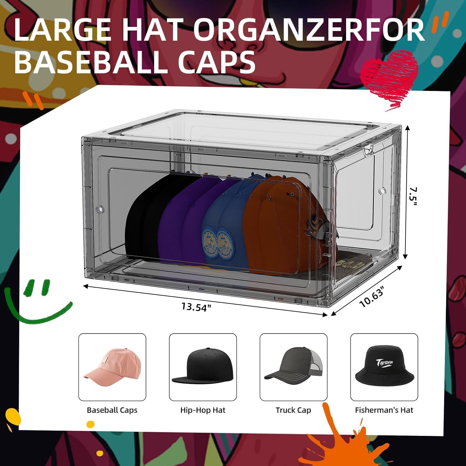 Hat Organizer Box for Baseball Caps, 8 Pack Plastic Storage with ...