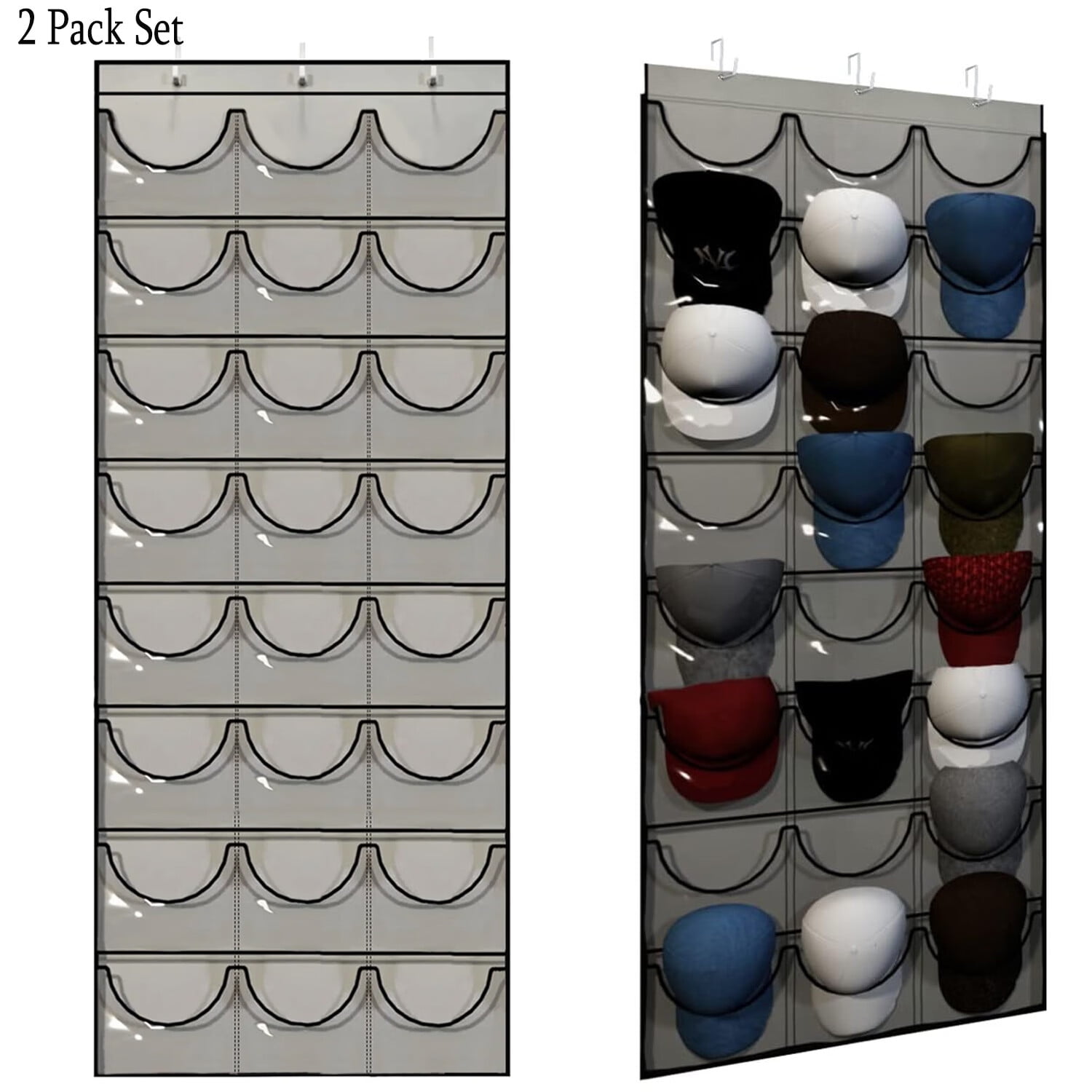Hat Organizer Rack, 2pcs Over-The-Door Baseball Cap Rack,with 24 Clear ...