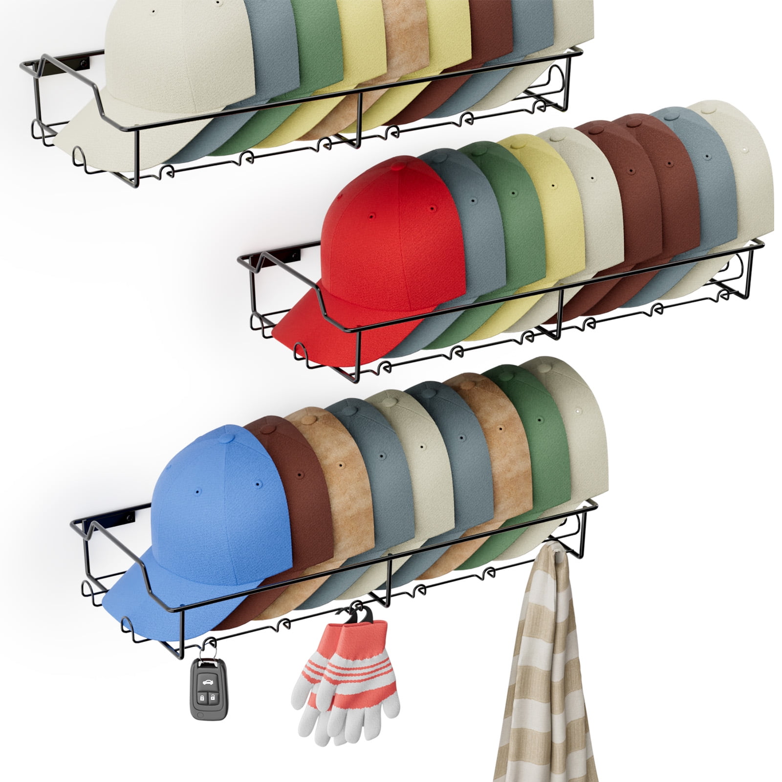 Fairpeak Hat Rack for Baseball Caps Wall, 3-Pack Holds Up to 60 Caps ...