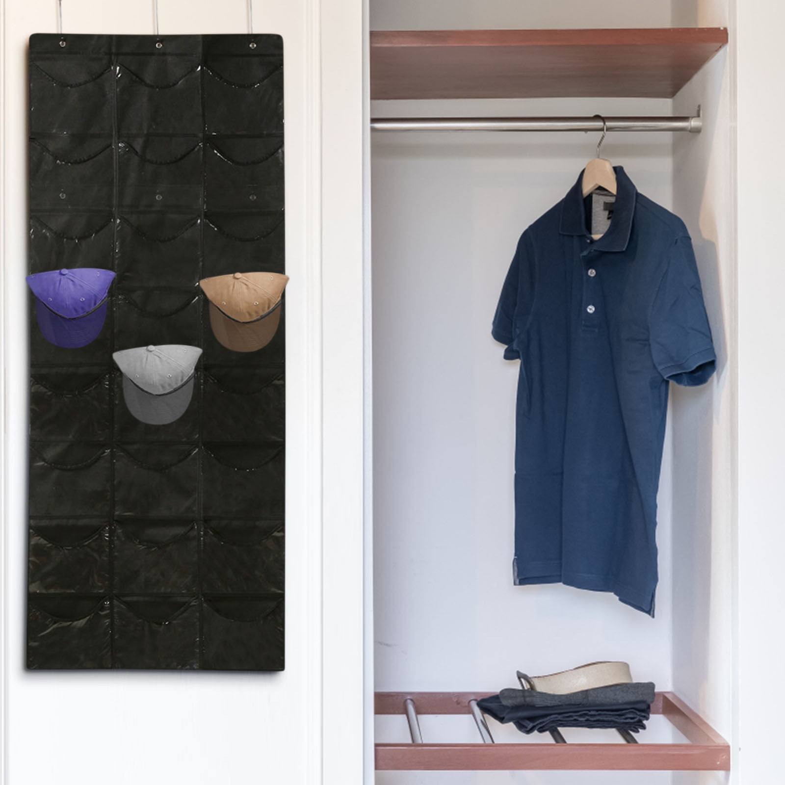 Hat Storage Hanging Organizer | 6-Layer 18-Pocket Non-Woven Transparent ...