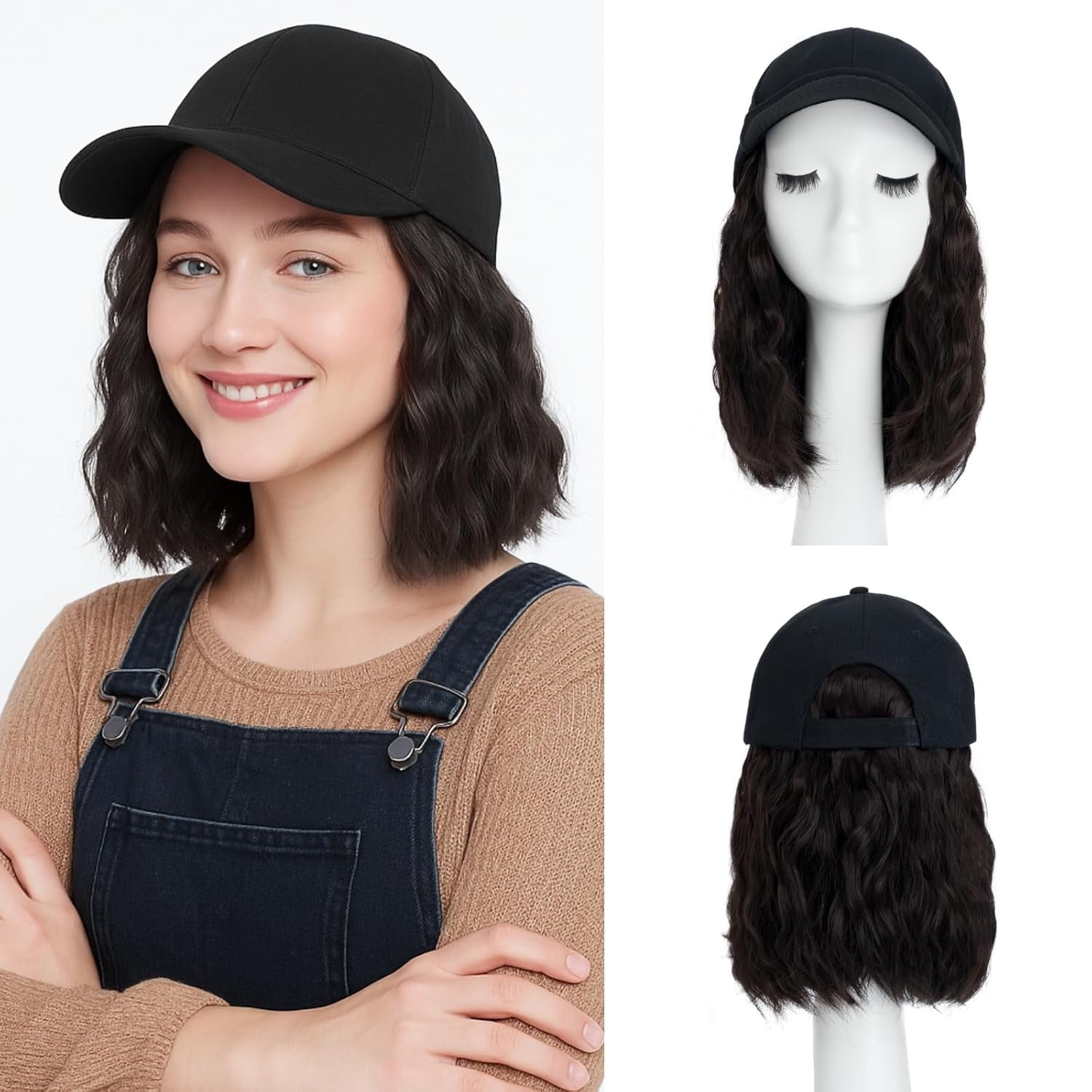 Hat Wig, Hat with Hair Attached for Women Black Baseball Cap with Hair ...