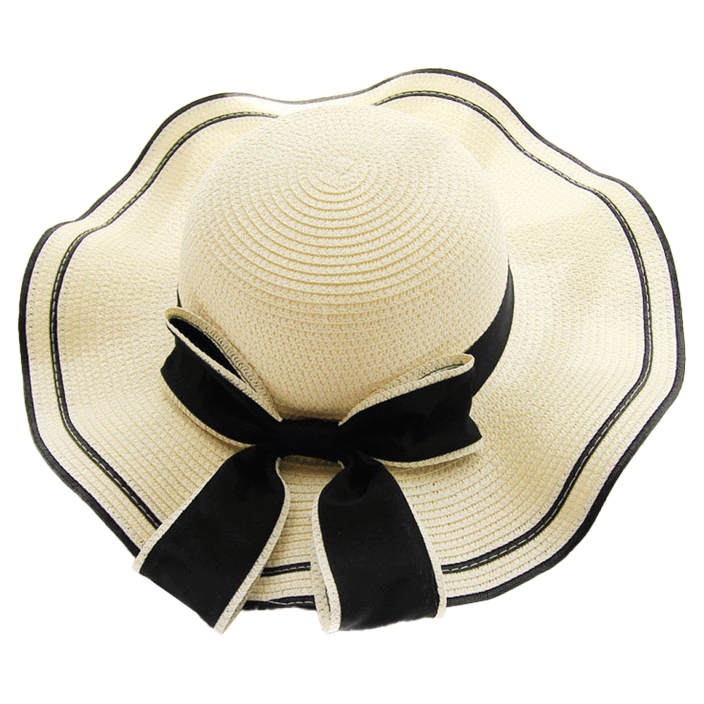 Hat circumference 57cm, bow straw hat, large brim, wavy edge, summer ...