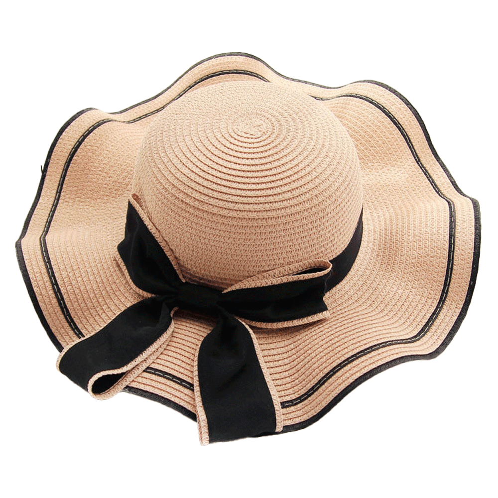 Colorful, Foldable Straw Sun Hat with Wavy Brim & Bow Accent for Beach ...