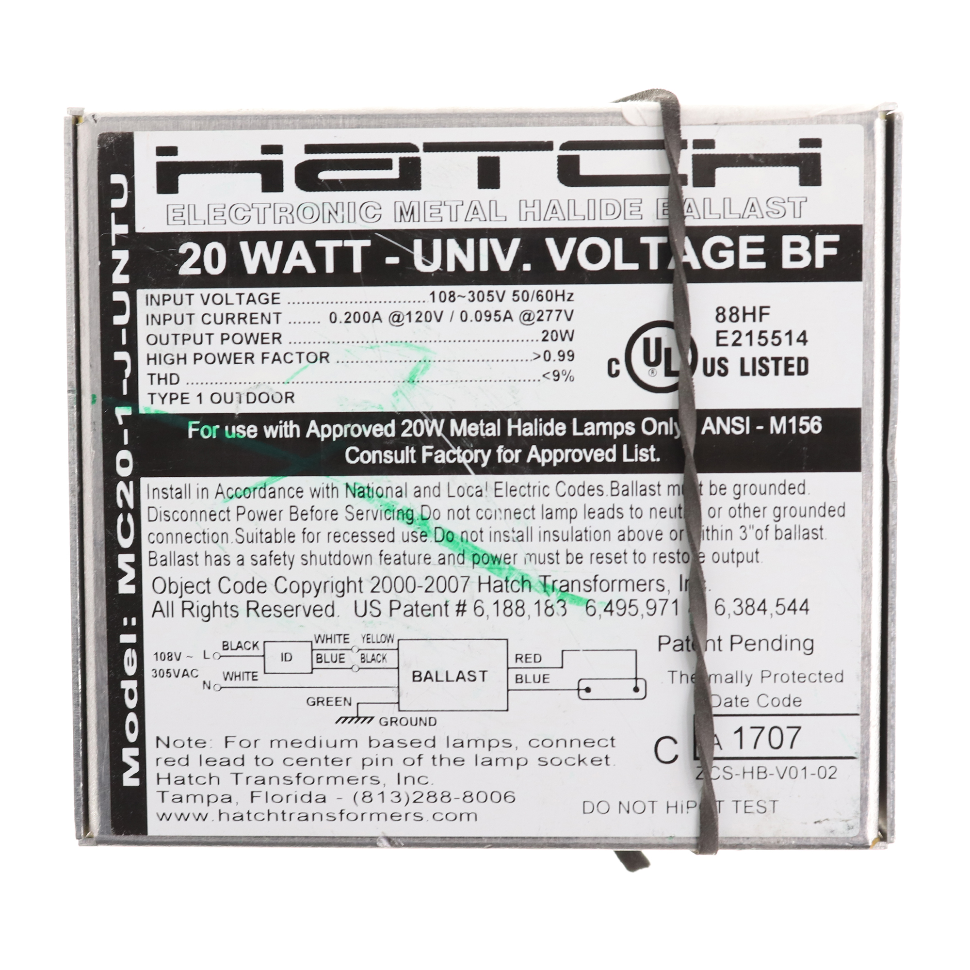 Hatch MC20-1-J-UNTU Electronic Metal Halide Ballast, 20W BF, 108-305VAC ...