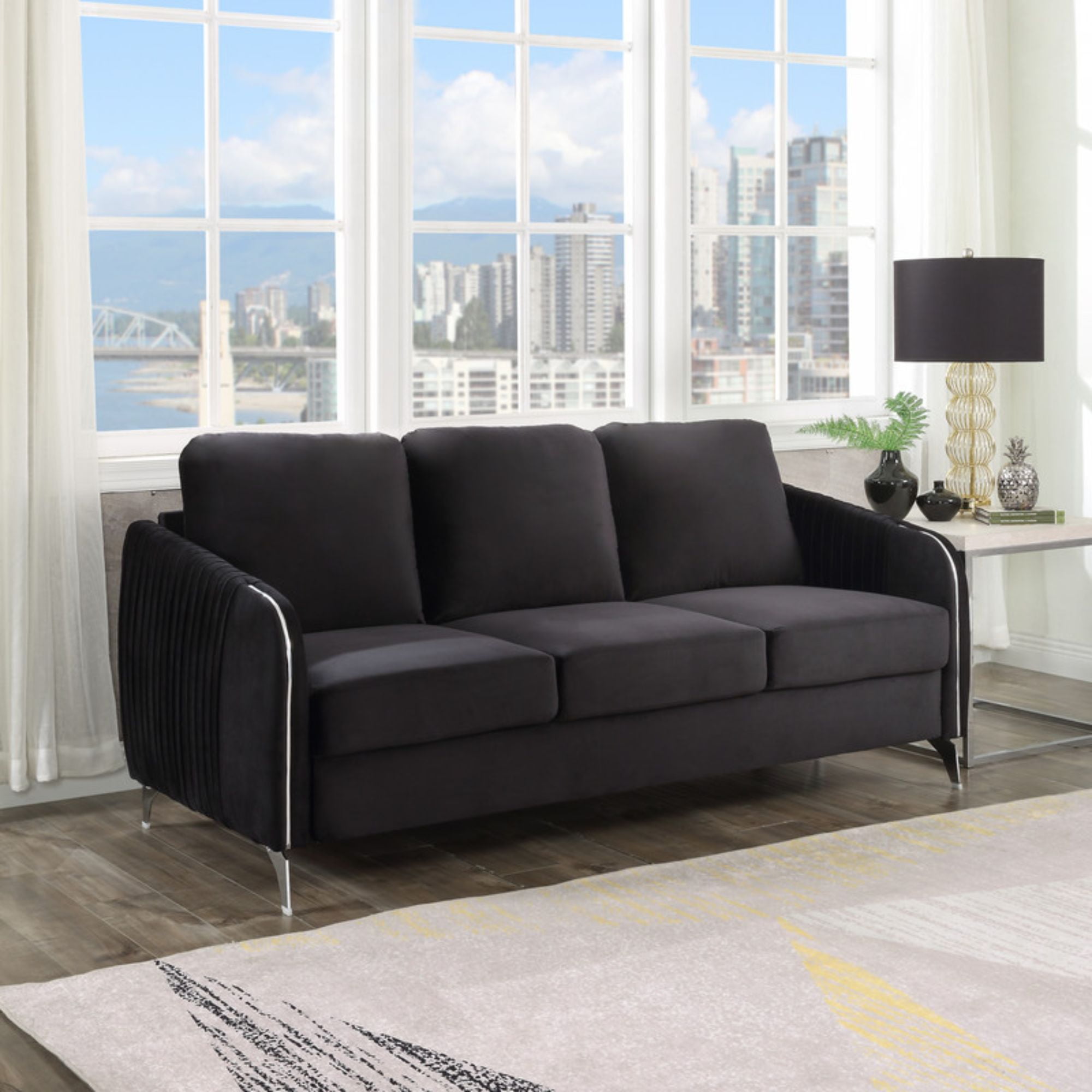 Hathaway Black Velvet Elegant Modern Chic Sofa Couch with Chrome Arms ...