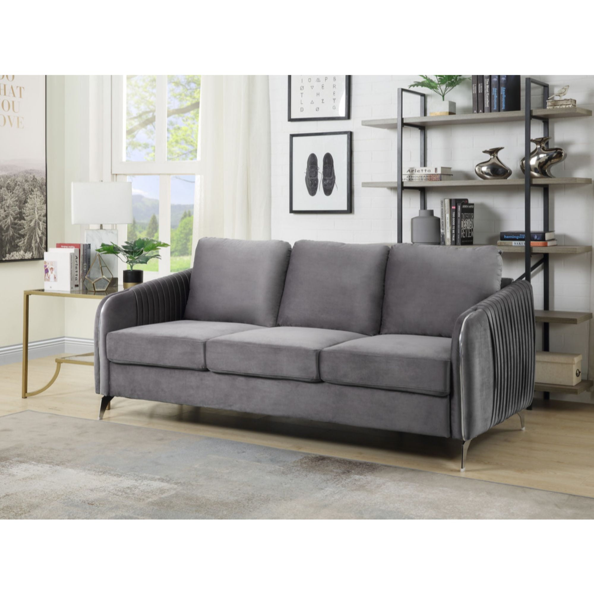 Hathaway Gray Velvet Modern Chic Sofa Couch - Walmart.com