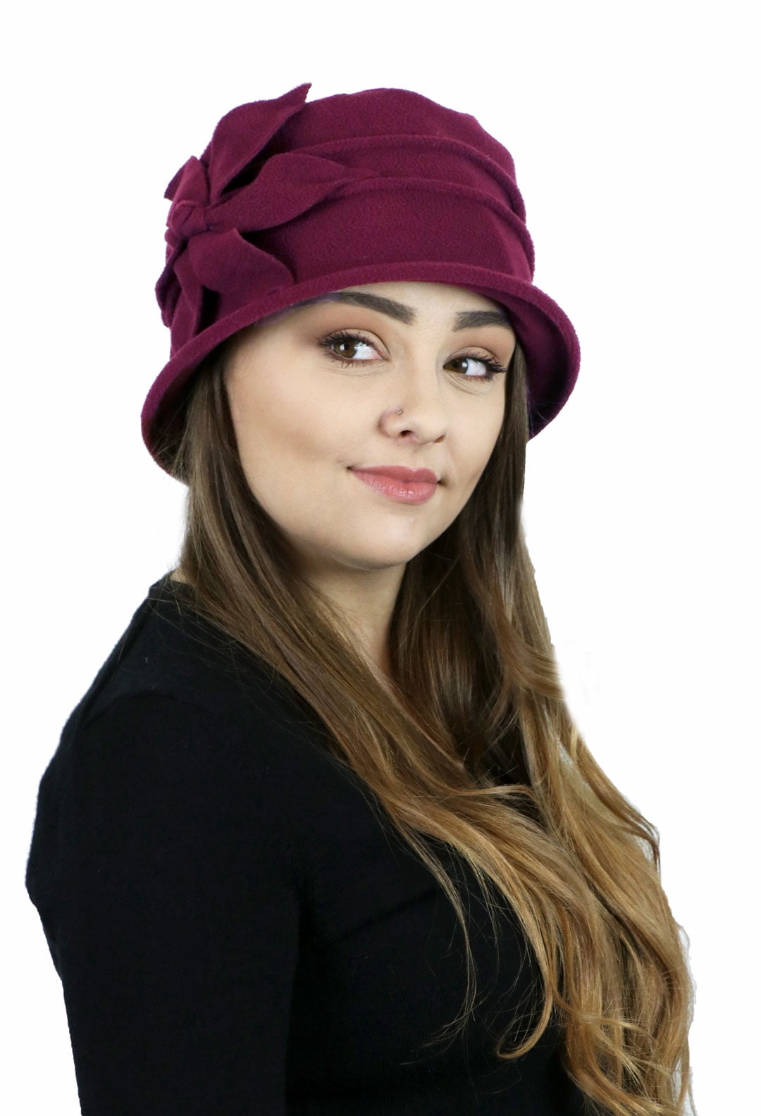 Hats, Scarves and More Women's Fleece Flower Cloche Hat (Maroon ...