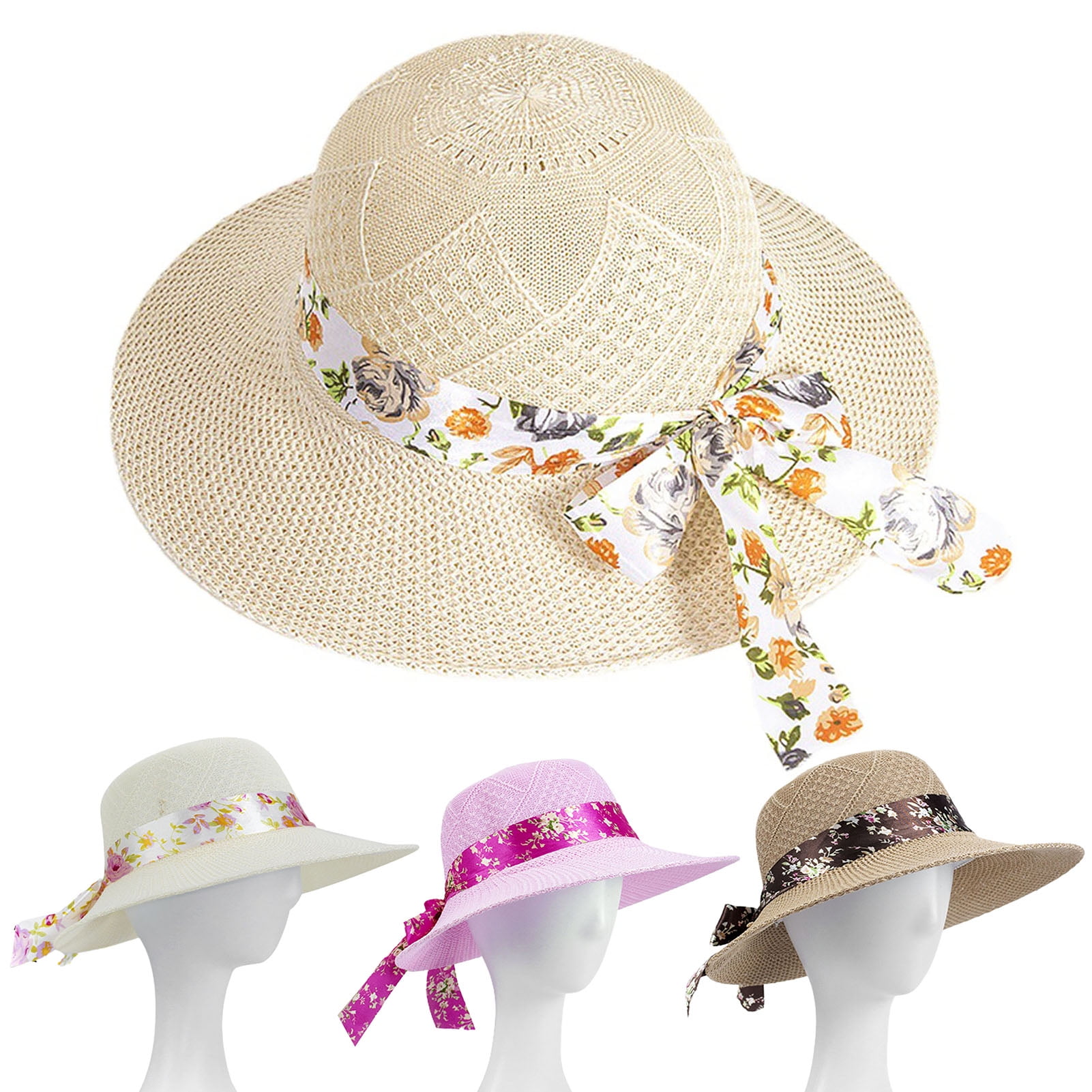 Hats For Women Girls Wide Brim Bowknot Straw Hat With Ribbon Outdoor
