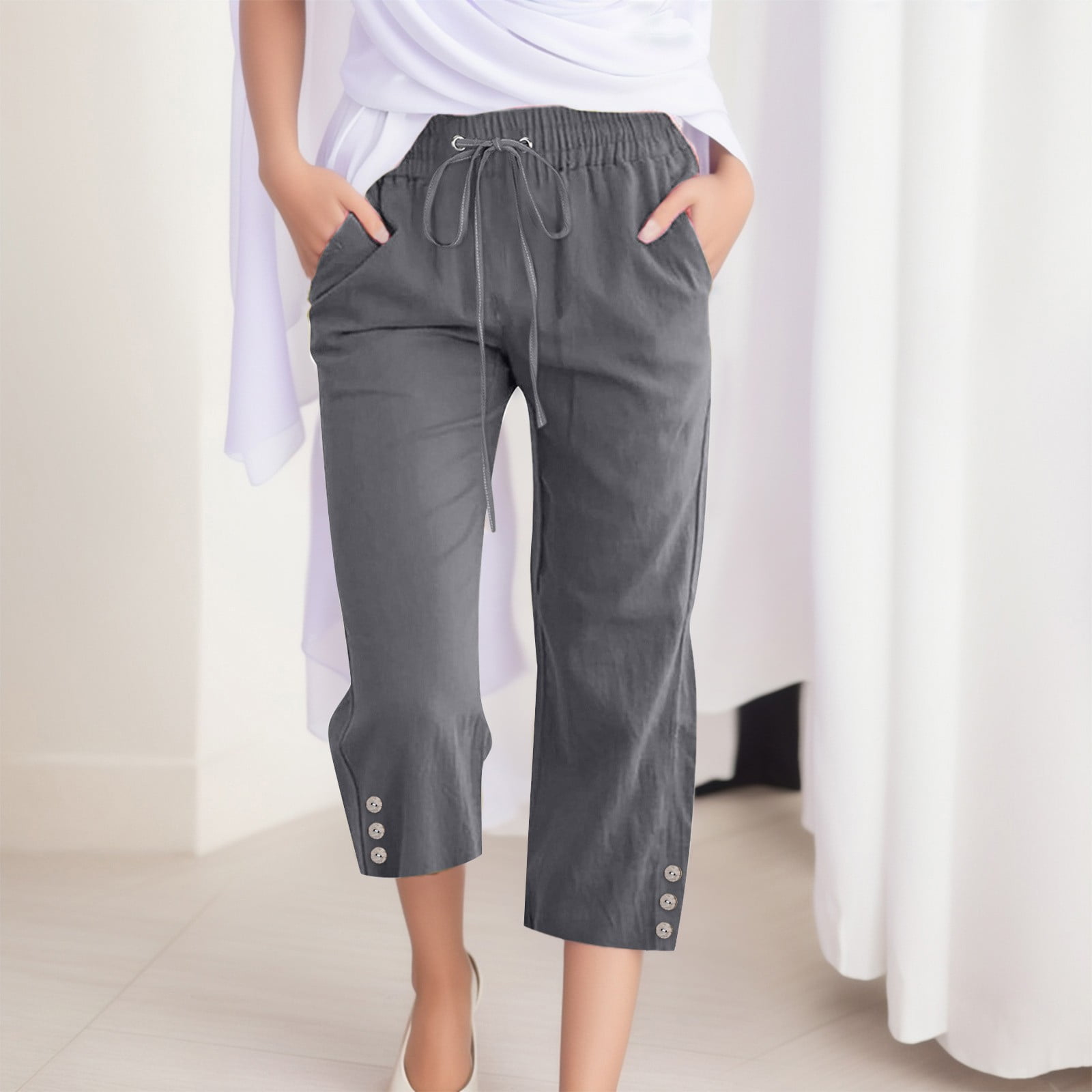 Hauaitttt Button Pants for Women Wide Leg Casual Pants with Pockets ...