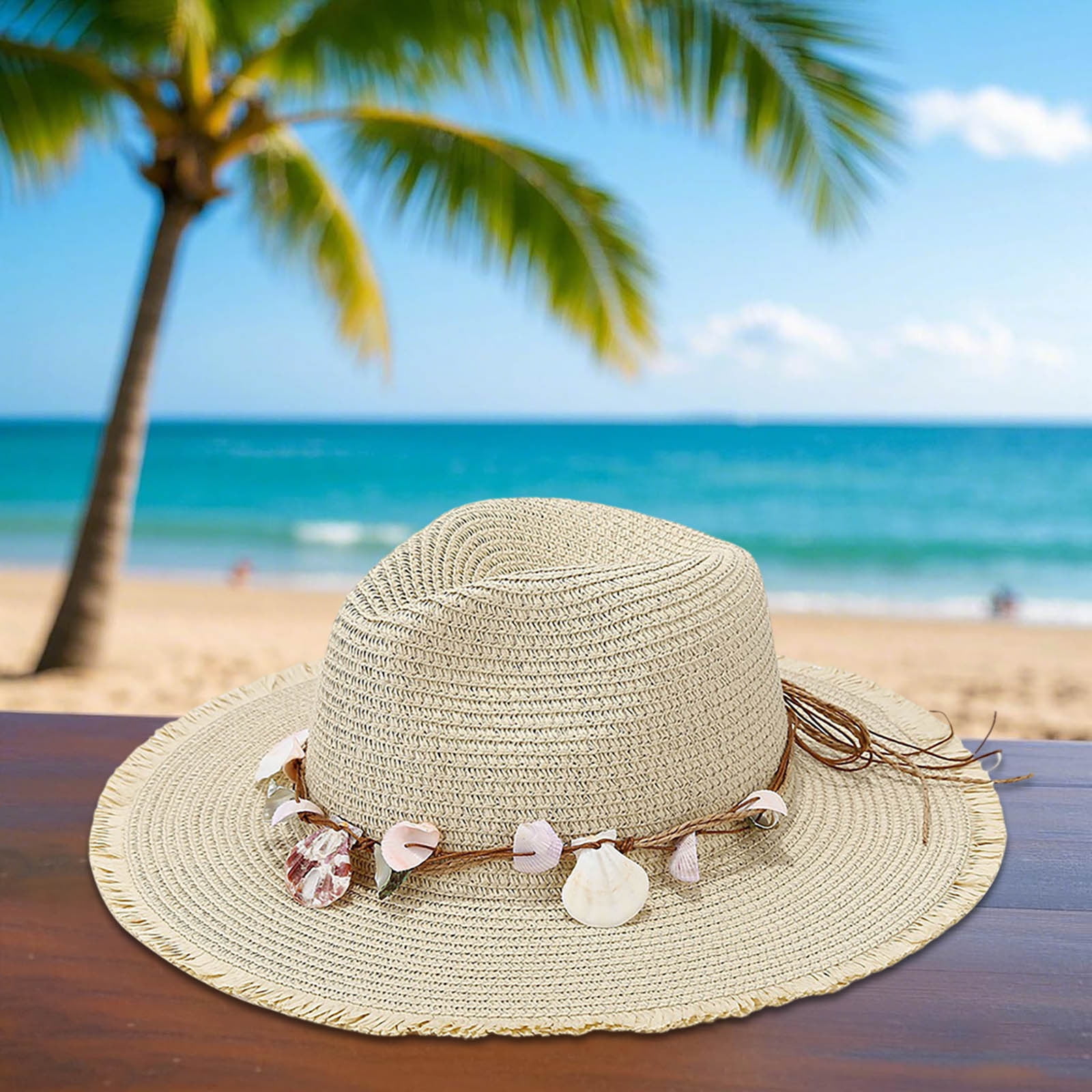 Hauaitttt Fashion Decoration Large Brim Sun Hat Seaside Holiday Straw ...