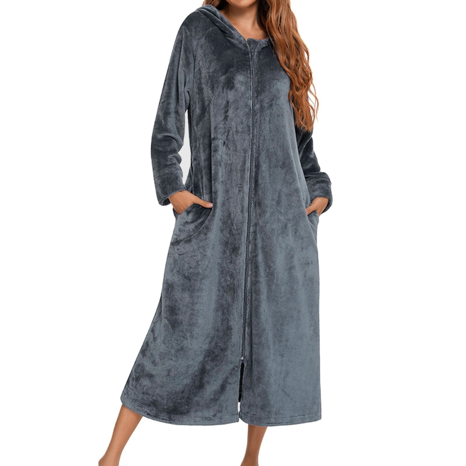 Hauaitttt Flannel Long Sleeve Robe with Hood and Zipper Couples ...
