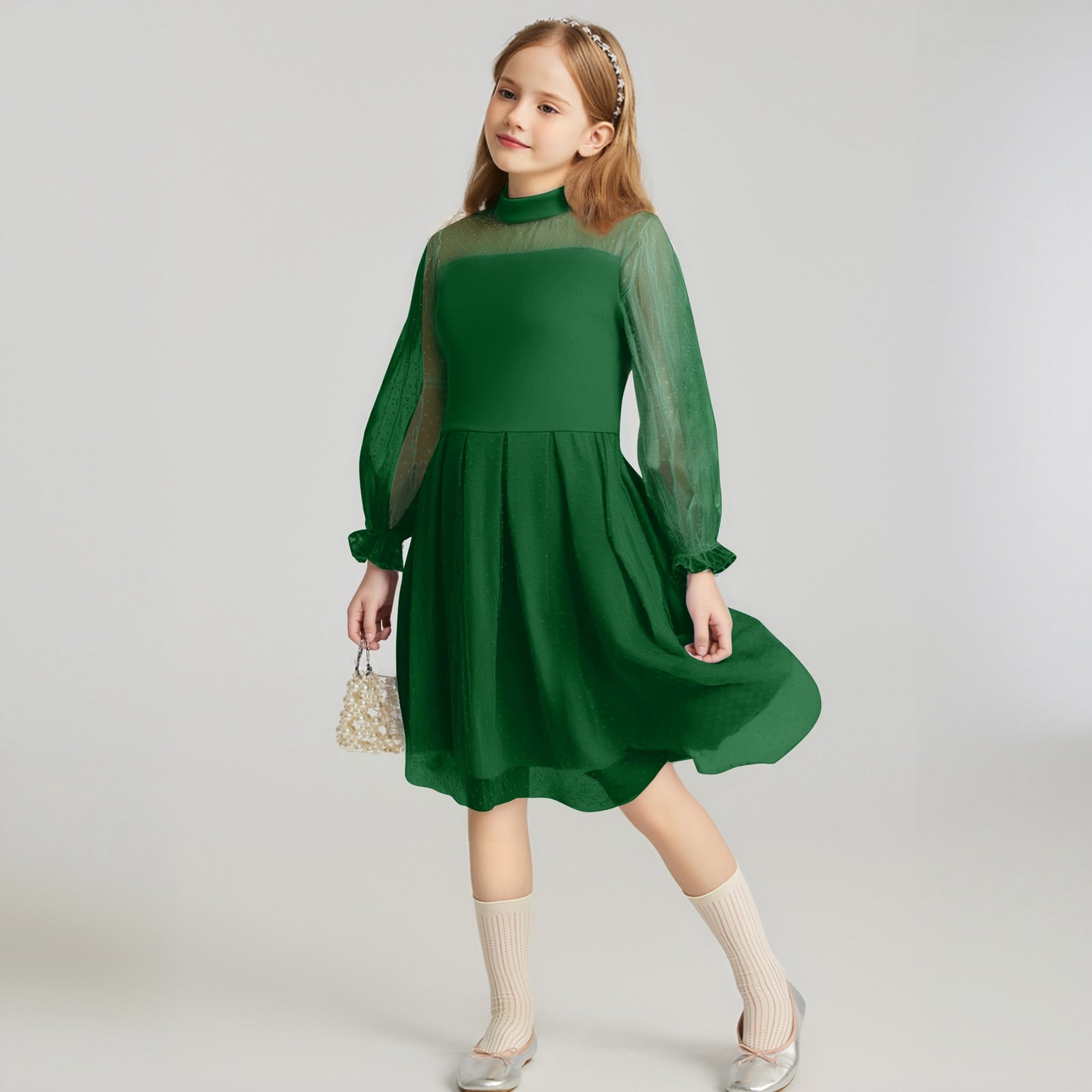 Hauaitttt Girls Dress Color Contrast Mesh Long Sleeve Toddler Girls ...