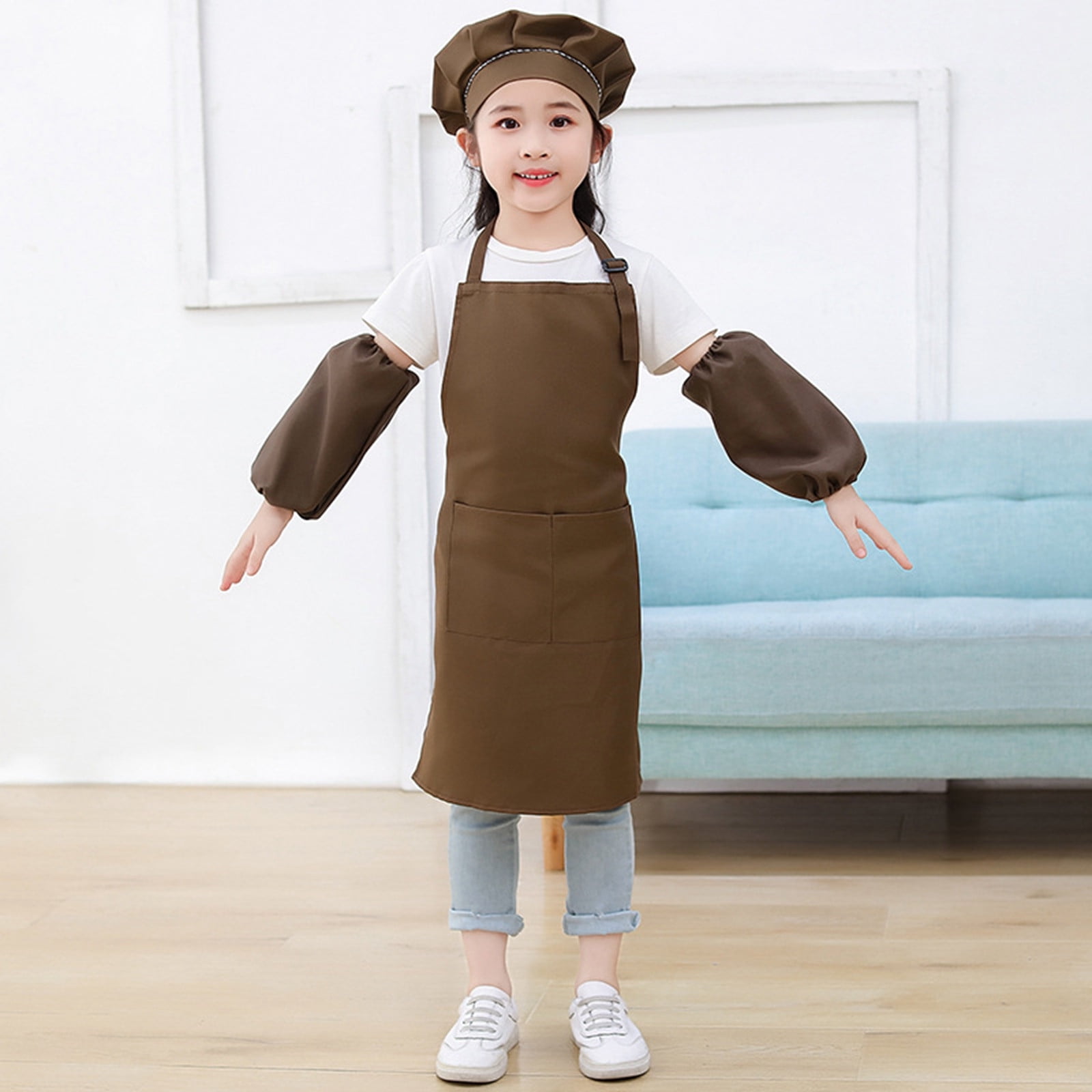 Hauaitttt Kid Art Smock Solid Color Apron Sleeve and Hat Three Piece Set for Children Printed ...