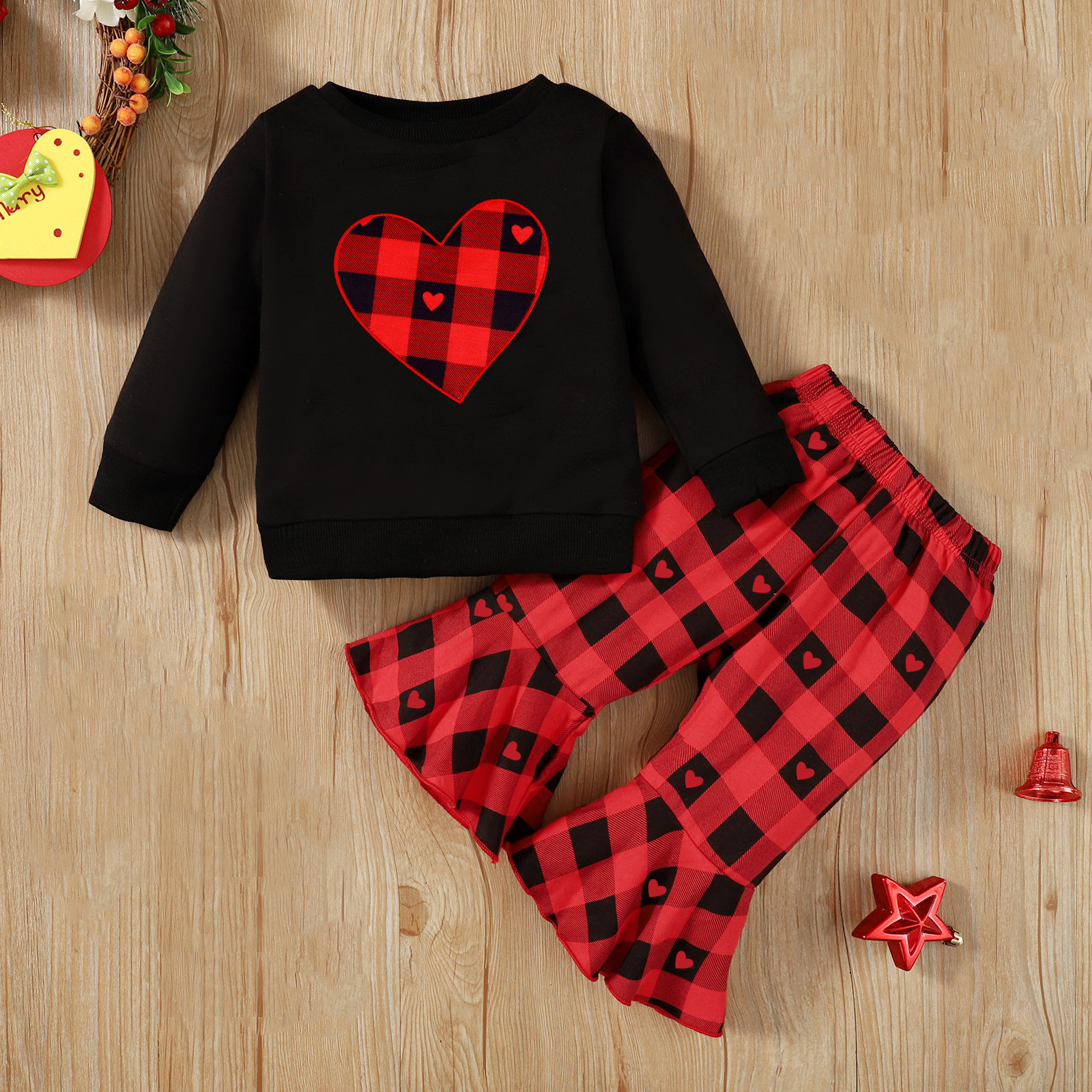 Hauaitttt Kids Heart Prints Long Sleeve Valentine's Day Top Bottoms ...