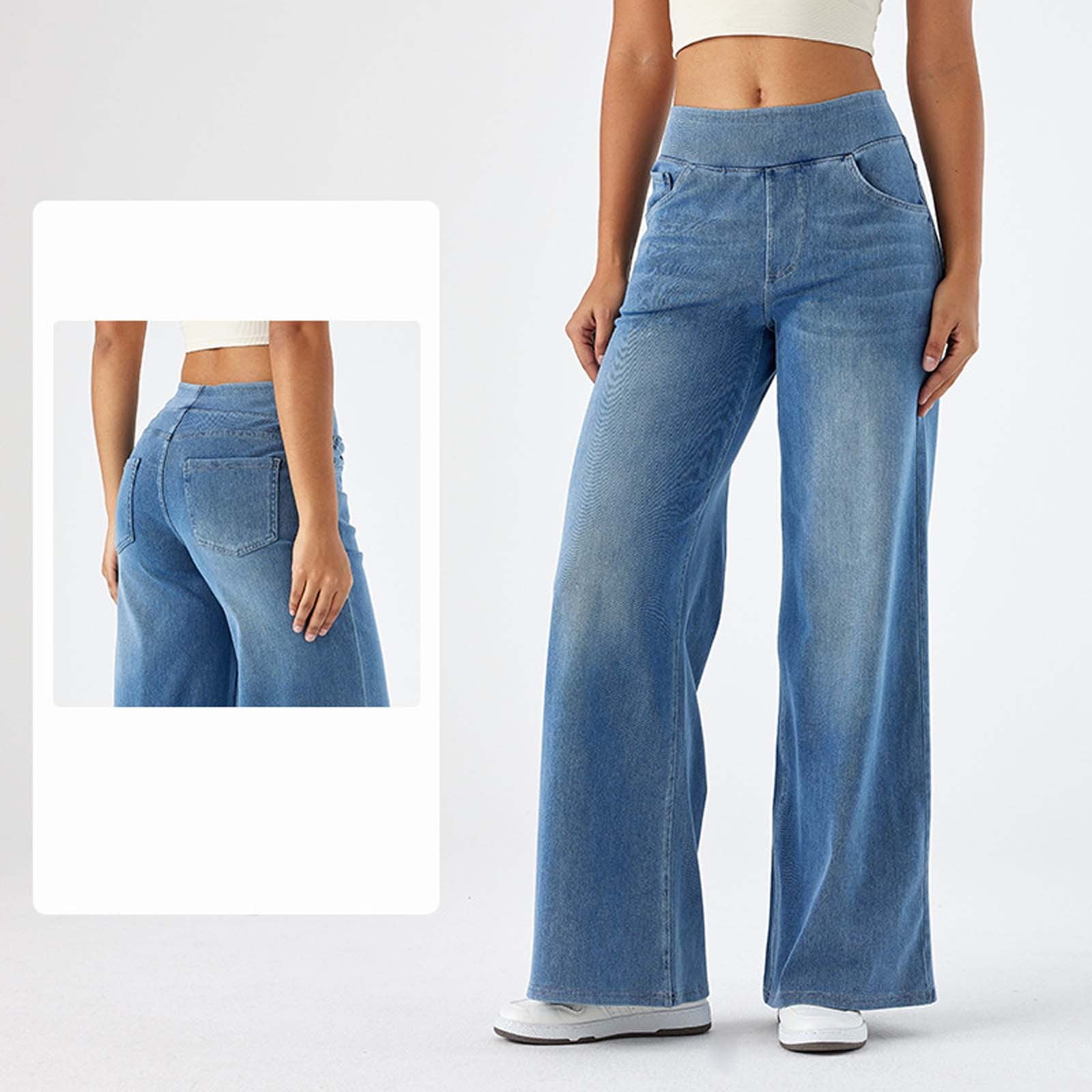 Hauaitttt Pull On Wide Leg Jeans for Women High Waisted Stretchy Baggy ...
