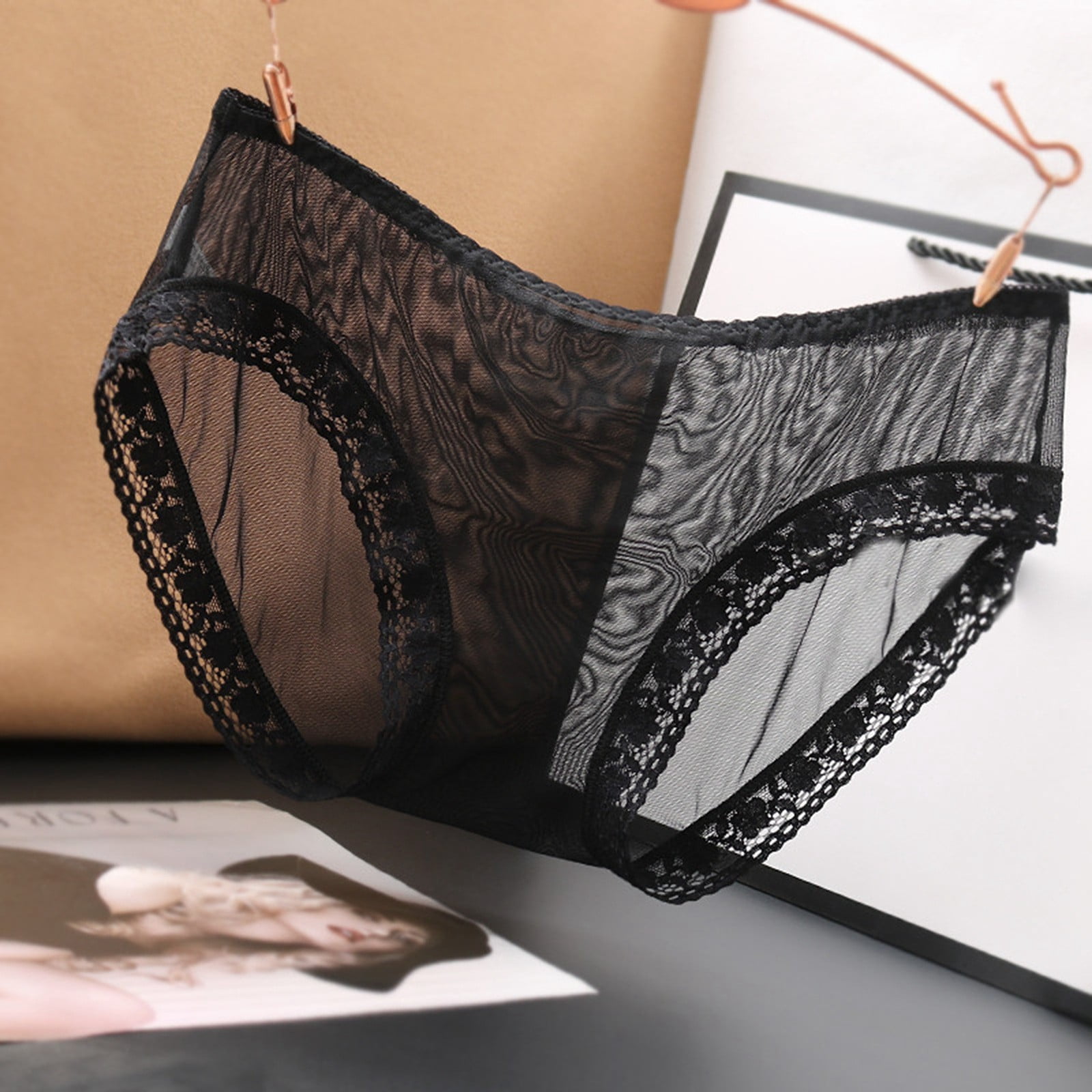 Hauaitttt Sexy Women Underwear with Lace Edge Fully Transparent Mesh Low Waist Large Size Thin ...