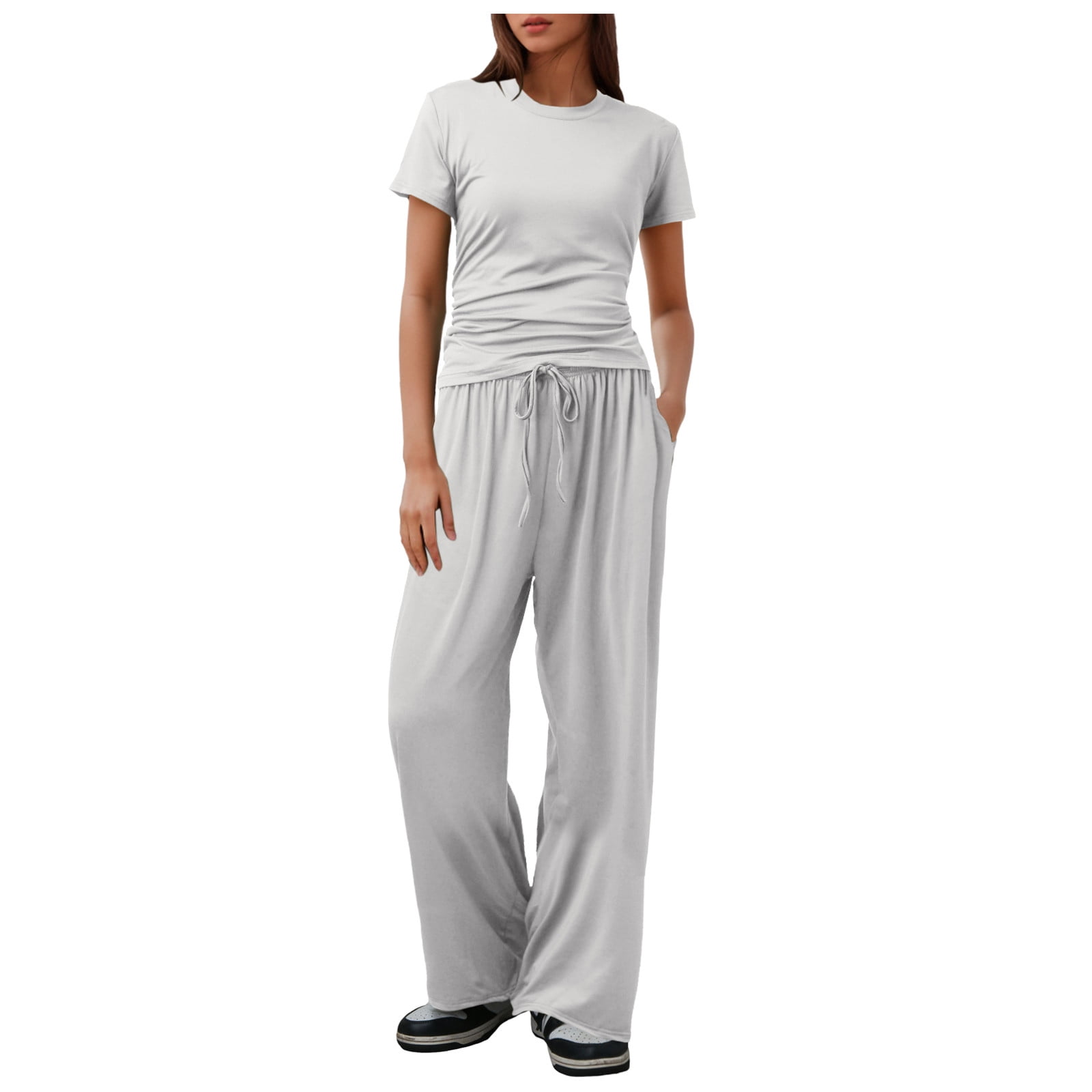 Hauaitttt Women 2 Piece Casual Suit Pleated Short Sleeve Top and High ...