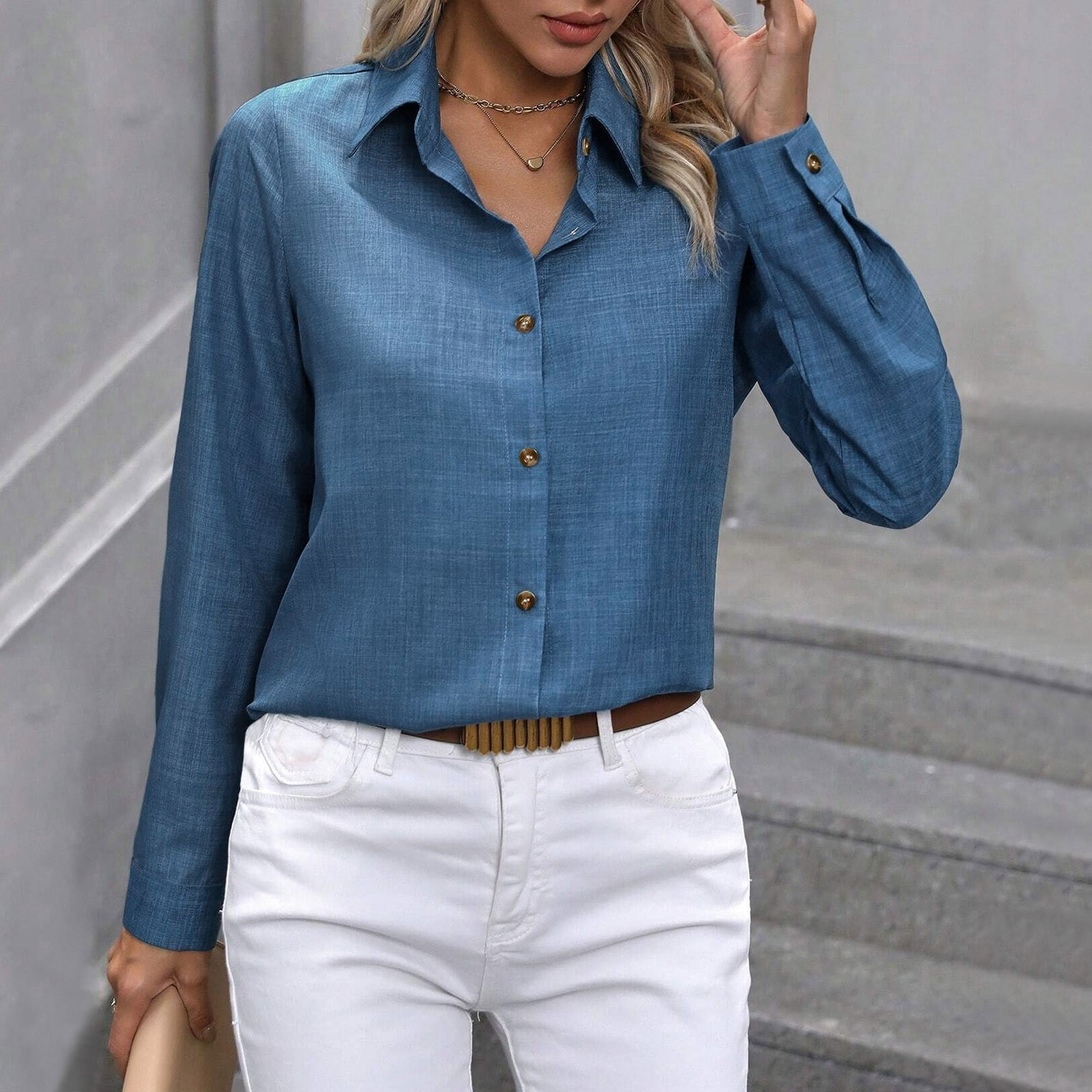 Hauaitttt Women Button Down Shirts Long Sleeve Collared Classic Dress ...