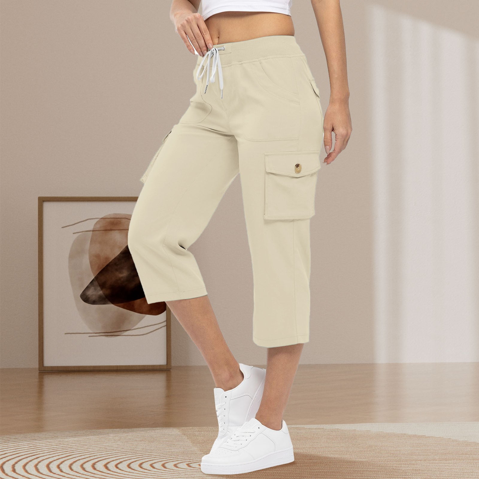 Hauaitttt Women Cargo Capris Hiking Pants Summer Casual Drawstring High ...