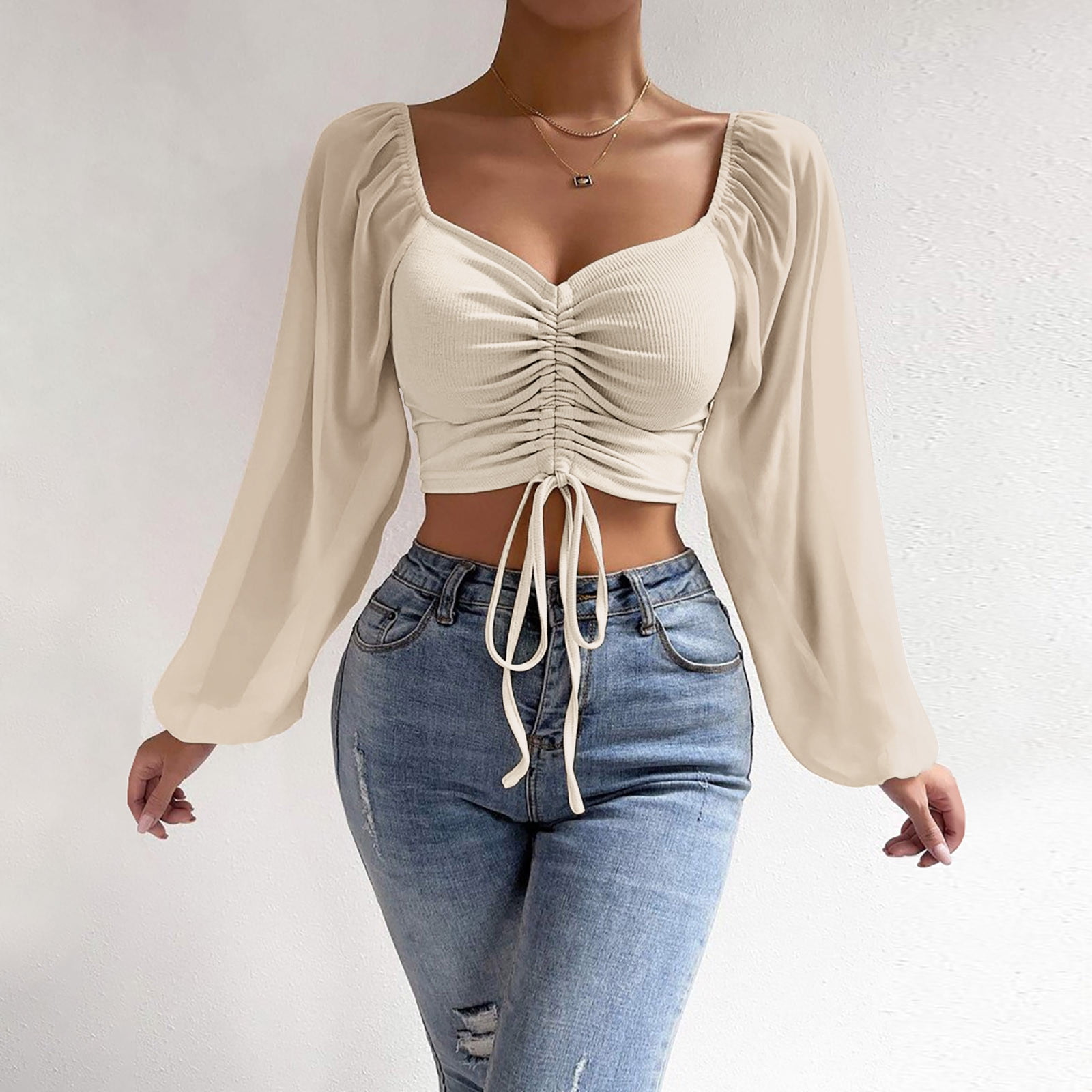 Hauaitttt Women Casual Solid Color Blouse Drawstring Balloon Sleeve ...