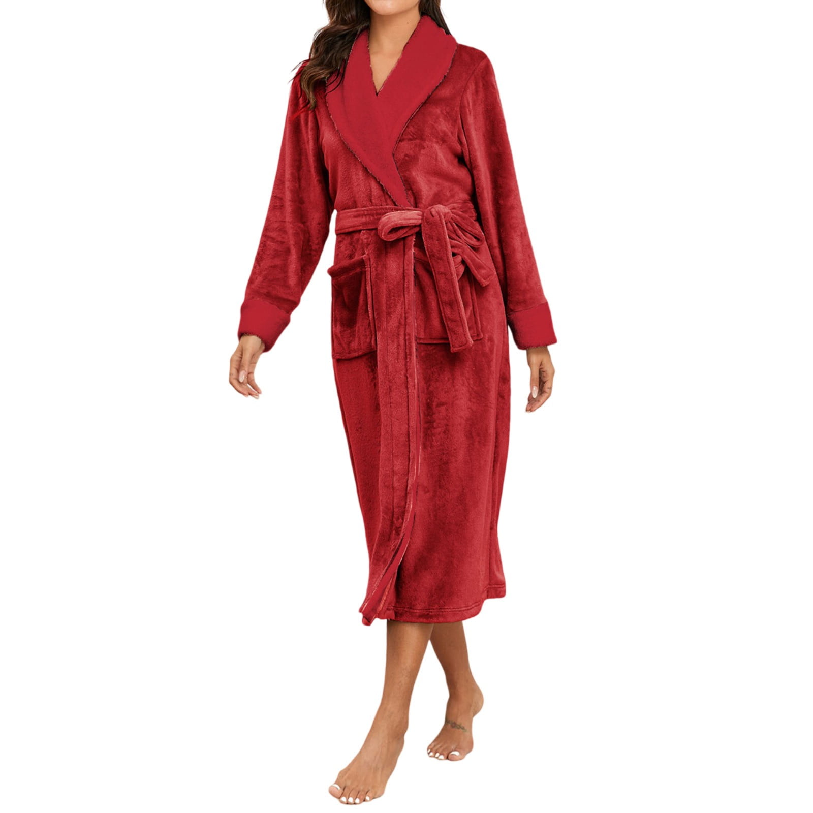 Hauaitttt Women Fall/winter V Neck Solid Color Flannel Long Nightgown ...