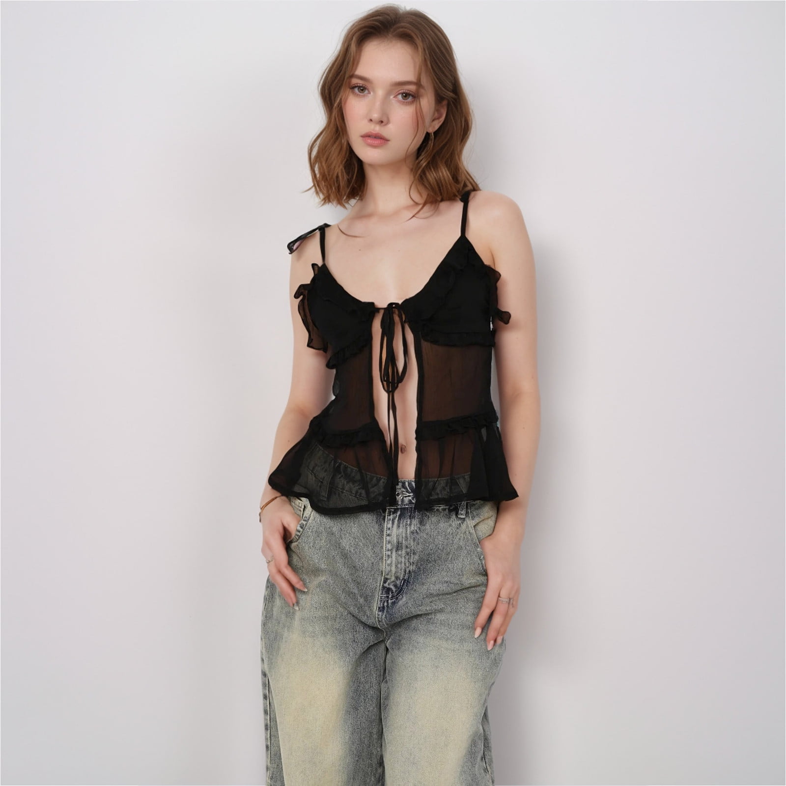 Hauaitttt Women Fashion Sleeveless Layered Ruffle Tie Strap Camisole Top Summer Casual Semi ...