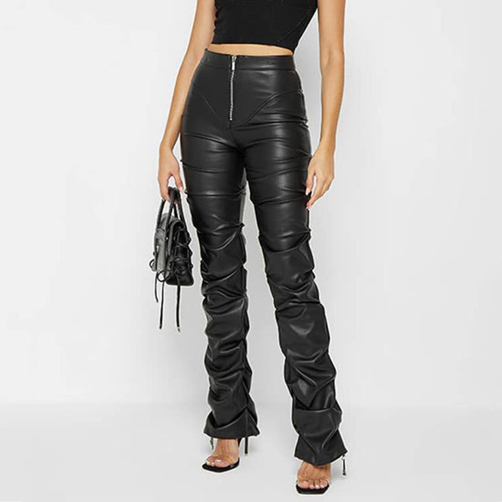 Hauaitttt Women Leather Ruched Pants Low Waist Skinny PU Leather ...