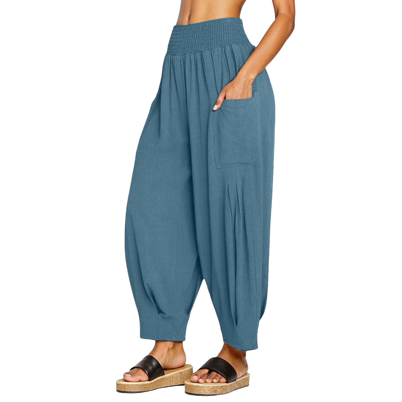 Hauaitttt Women Linen Boho Pants Baggy Harem Pants Summer Loose Wide ...