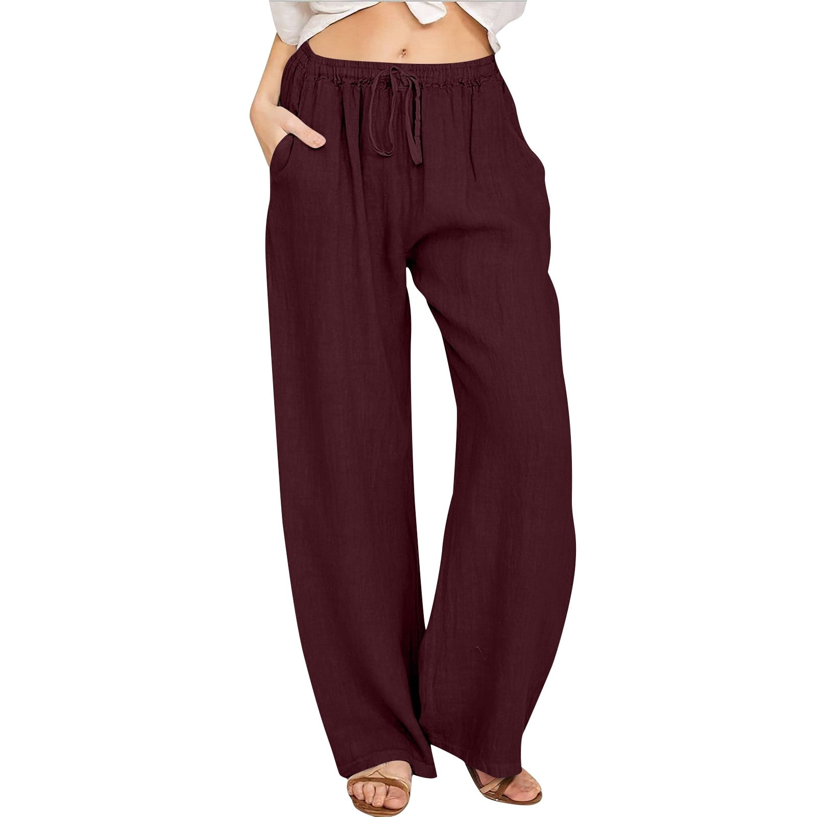 Hauaitttt Women Linen Pants Elastic High Waist Drawstring Wide Leg ...
