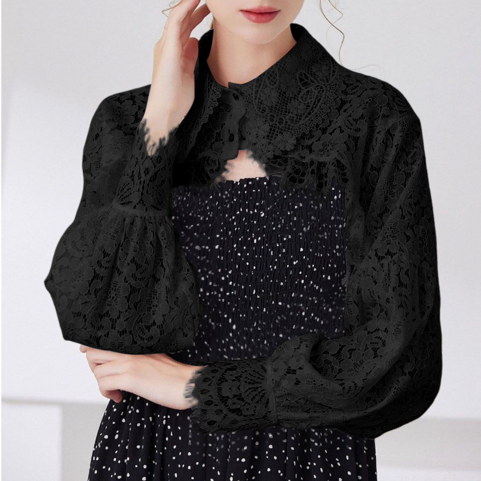 Hauaitttt Women Sexy Open Front Tie Long Sleeve Mesh Lace Crop Tops ...