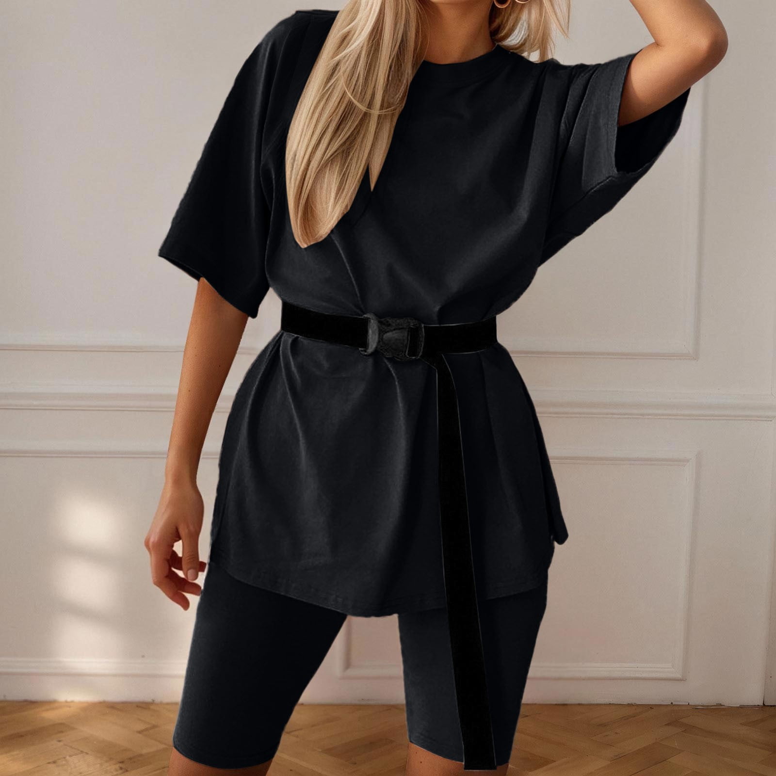 Hauaitttt Women Shirt Trousers Two Piece Set with Belt Home Loose ...