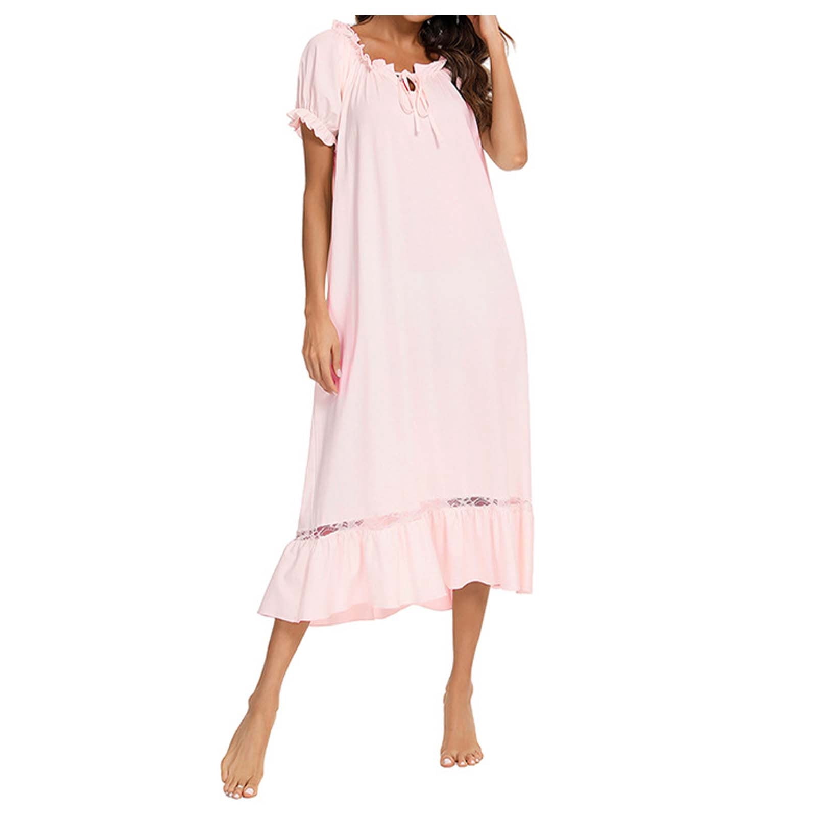 Hauaitttt Women Solid Color Lace Splice Short Sleeve Nightgown Cute ...