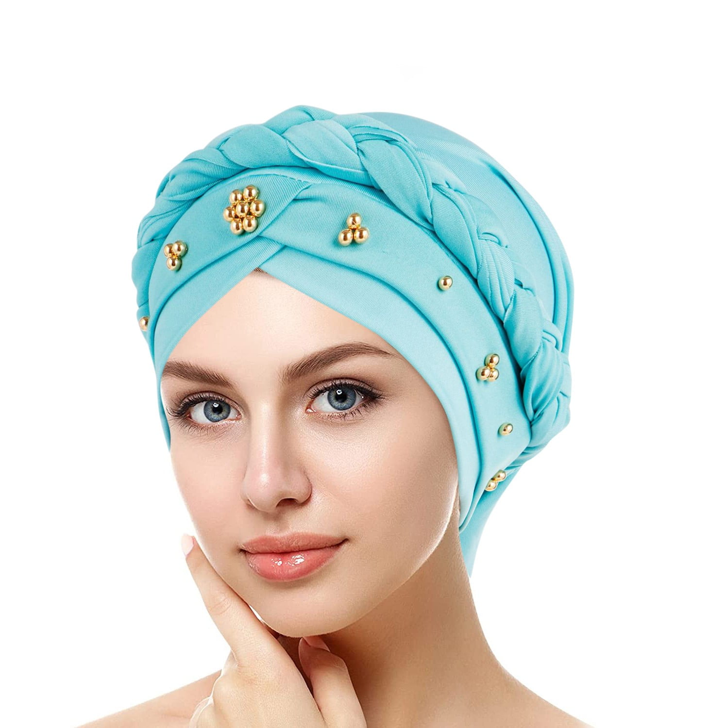 Hauaitttt Women Turban Cap Beaded Headscarf Braid Wrap Hat Headwear Vs ...