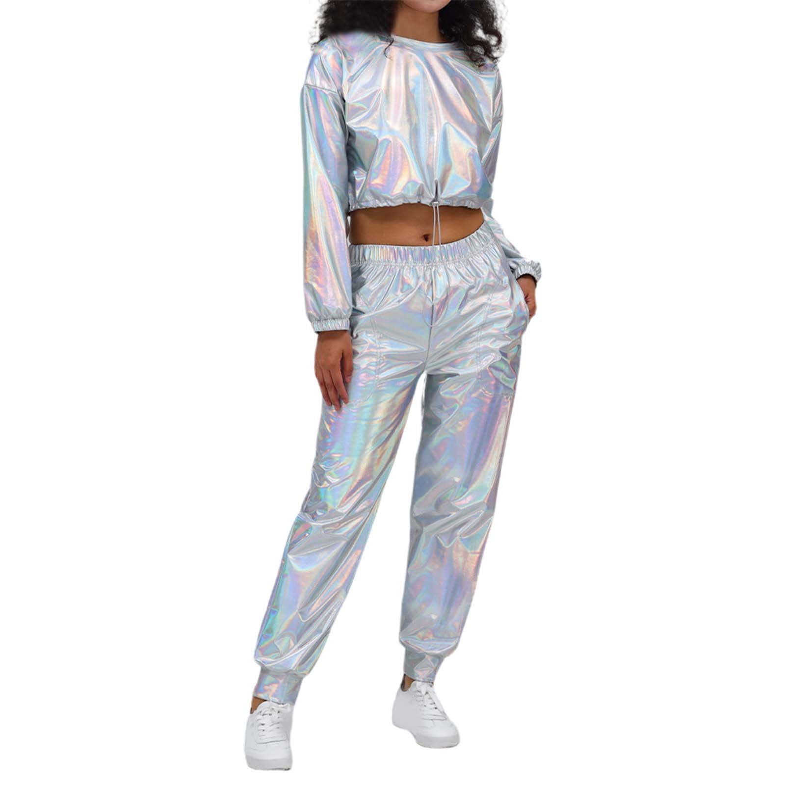 Hauaitttt Women's Carnival Outfits Long Sleeve Shiny Metallic Tops ...