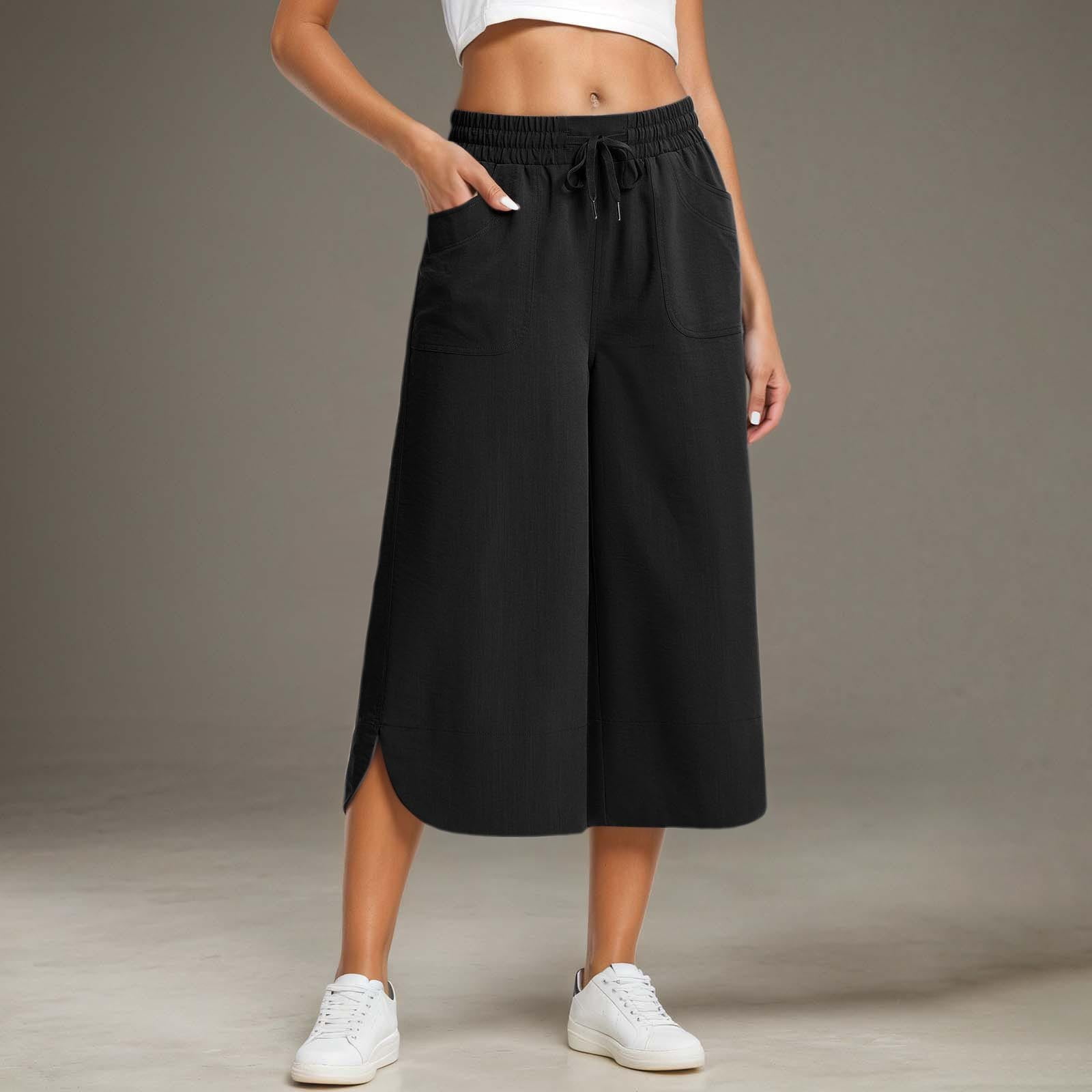 Hauaitttt Women's Casual Solid Color Drawstring Sports Capri Pants ...