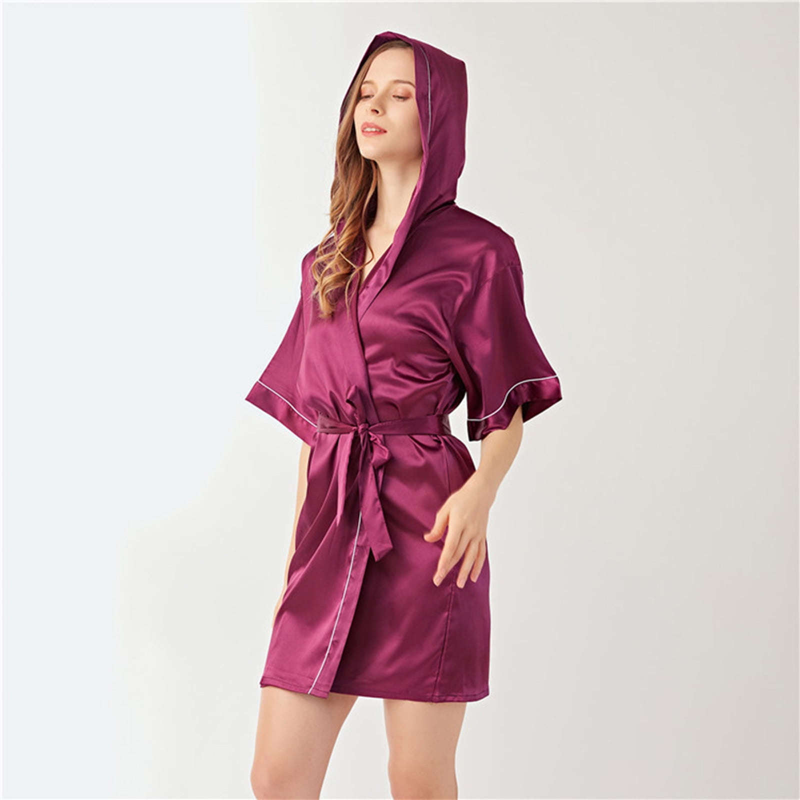 Hauaitttt Women's Hooded Silk Robes Satin Kimono Robe Short Bathrobe ...