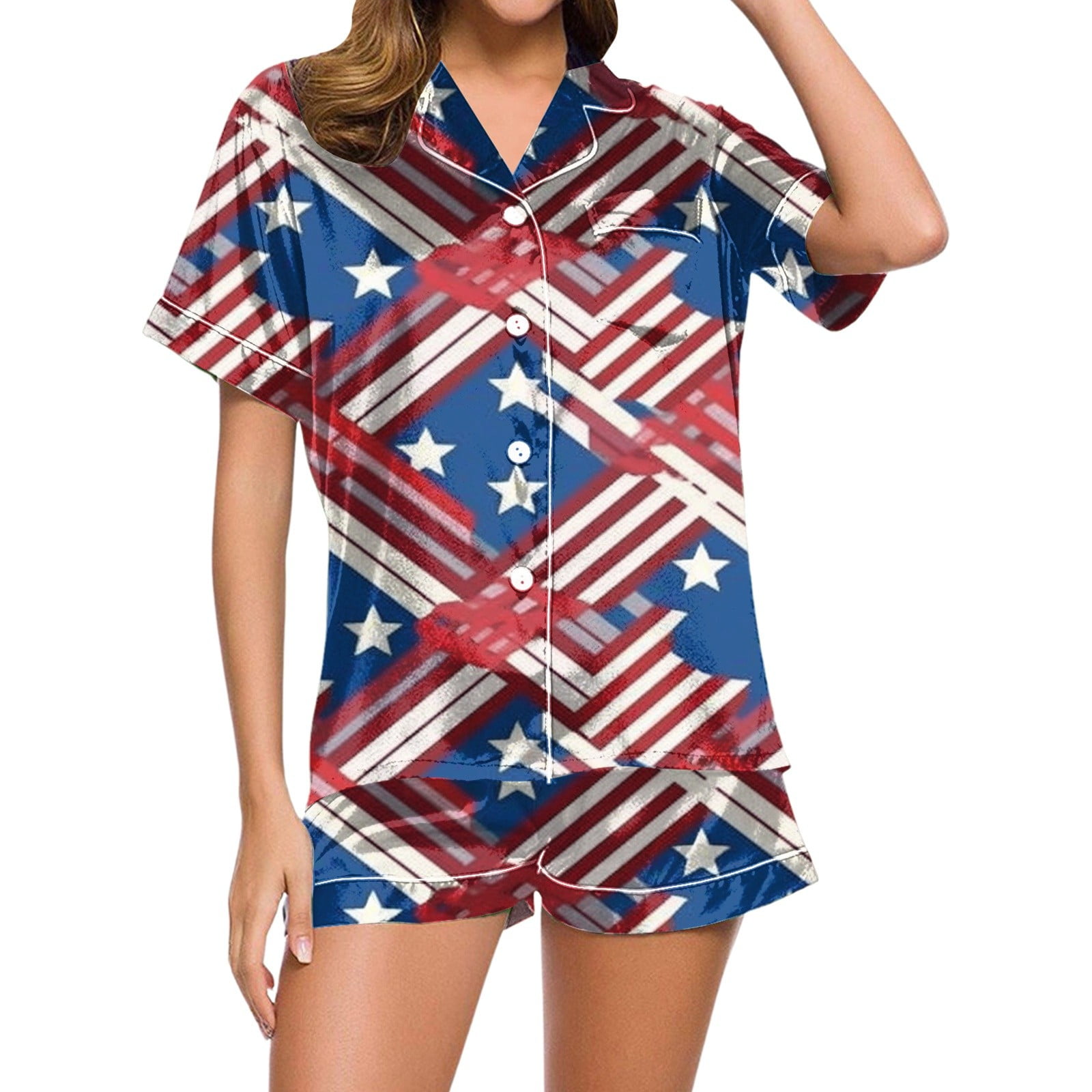 Hauaitttt Women's Independence Day Print V Neck Button Pocket Short ...