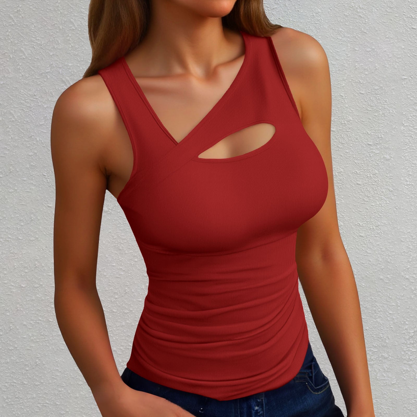 Hauaitttt Women's Sleeveless Tank Top Ribbed Summer Sexy Tops Asymmetric Neck Slim Fit Basic ...