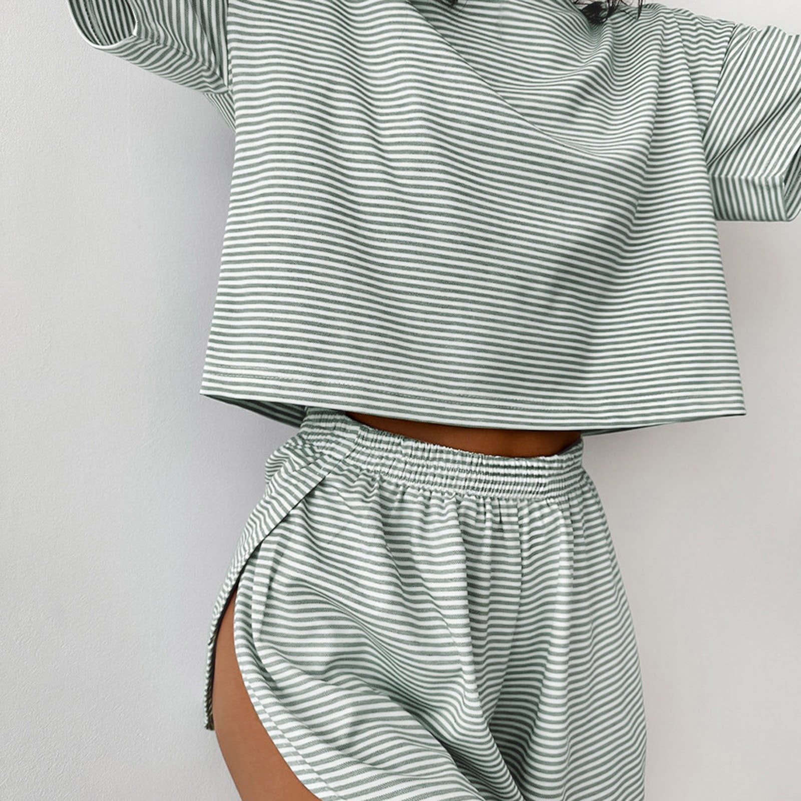 Hauaitttt Women's Striped Pajamas Loose Short Sleeved Shorts Suit ...