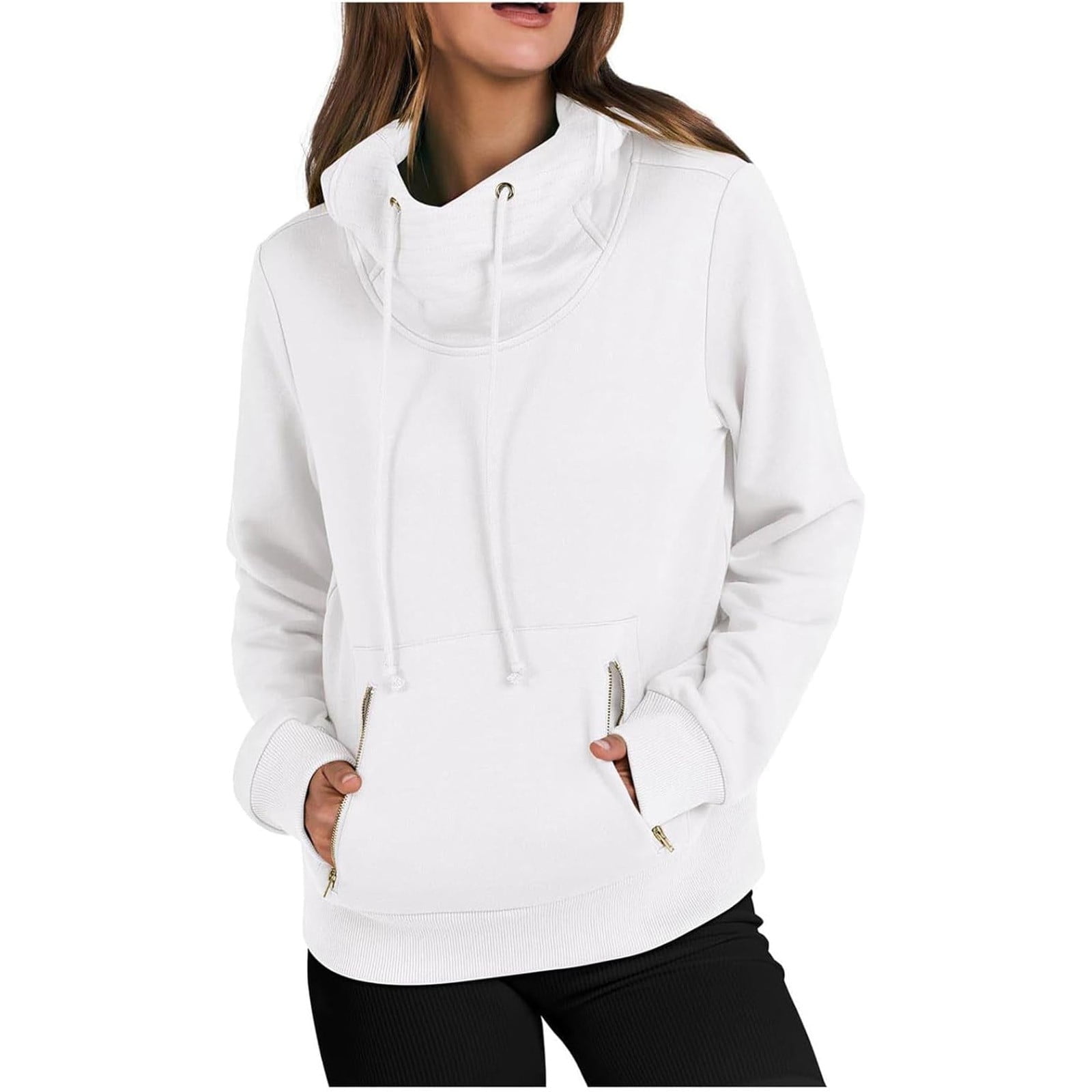 Hauaitttt Womens Cowl Neck Hoodies Solid Color Sweatshirts Pullover ...