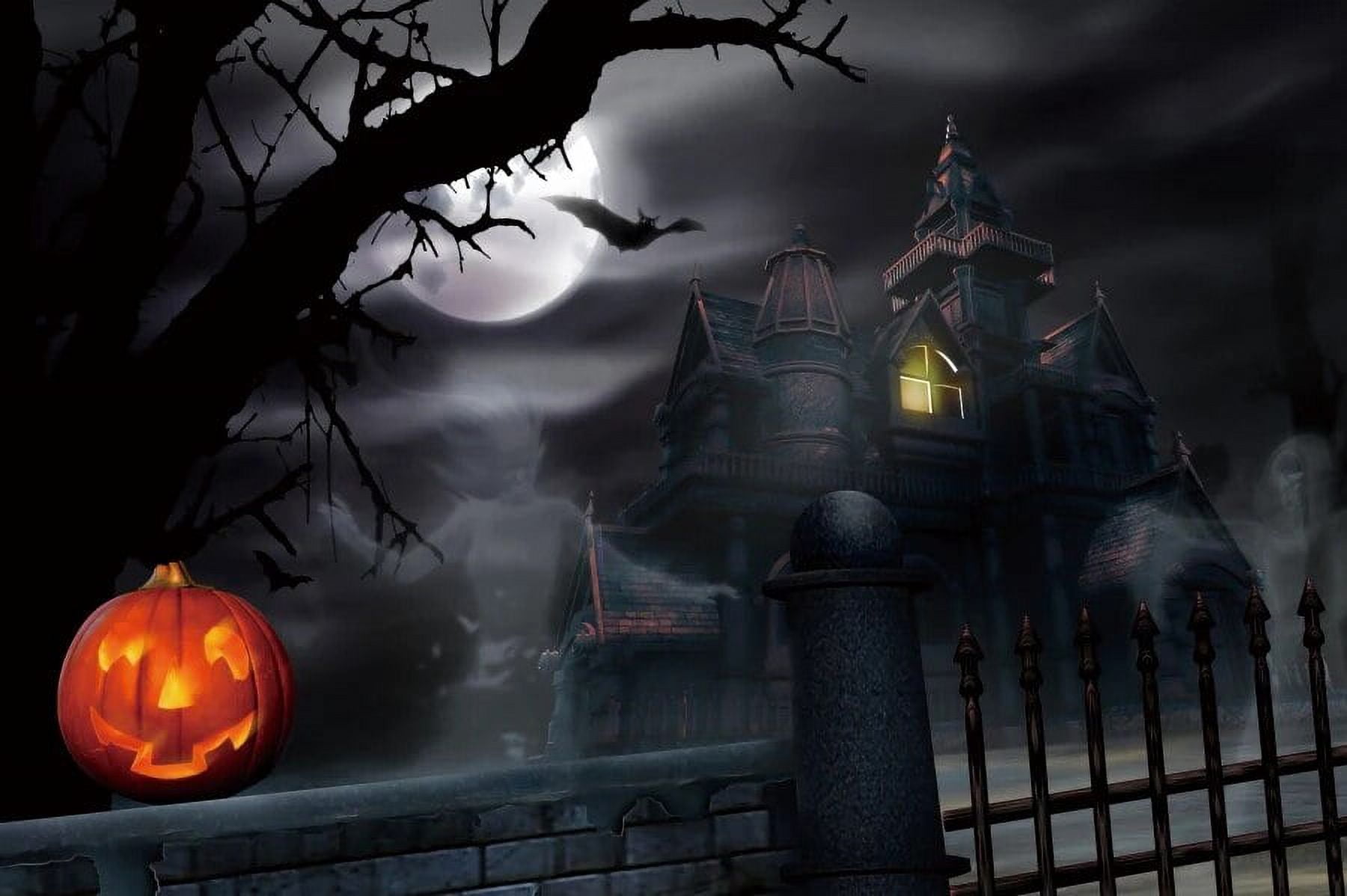 Haunted Castle Backdrop Night Scenery Halloween Pumpkin Full Moon Kids ...